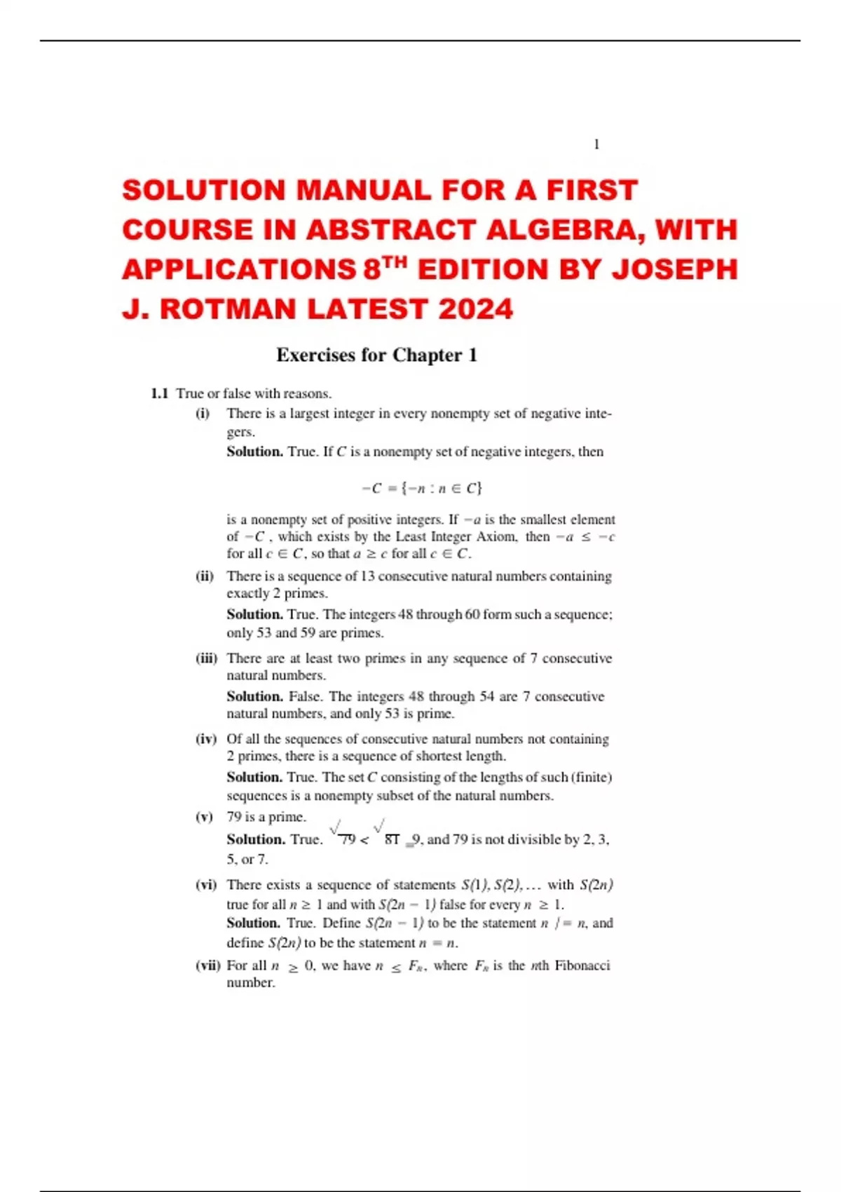 Solution Manual For A First Course In Abstract Algebra With
