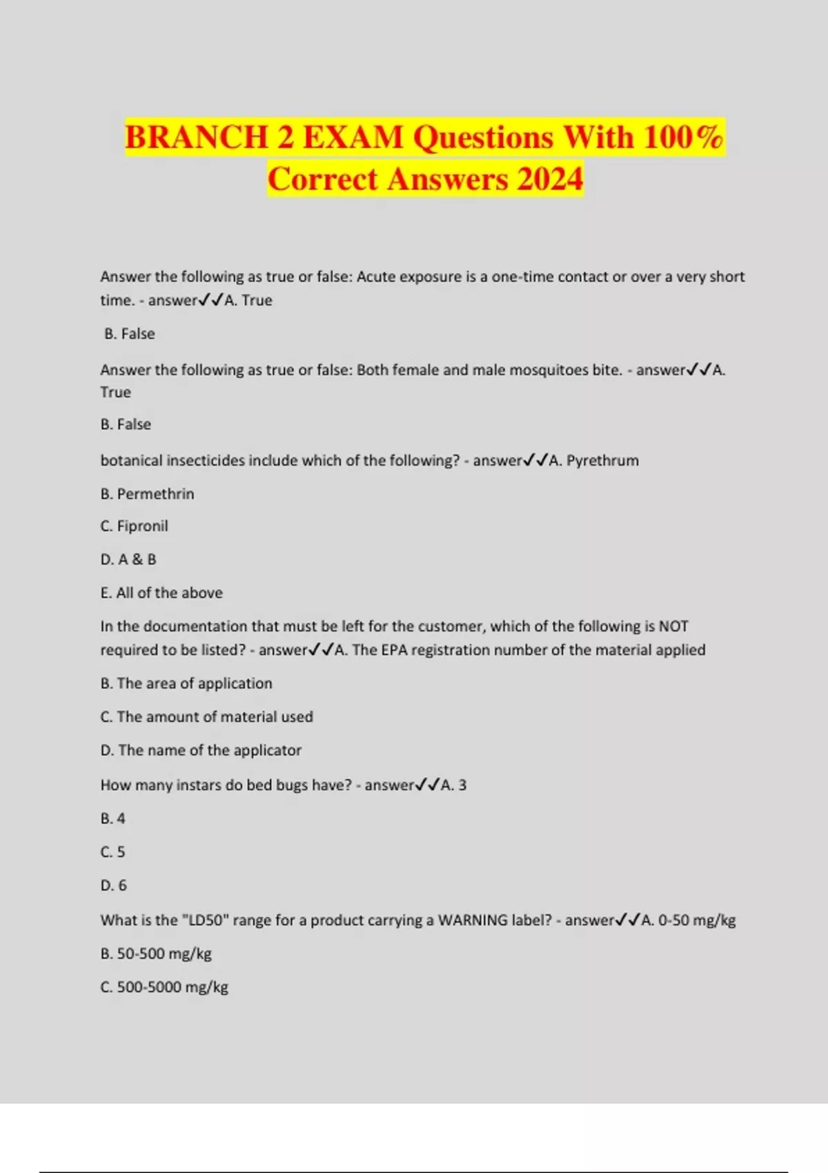 BRANCH 2 EXAM Questions With 100% Correct Answers 2024 - Pest Control ...