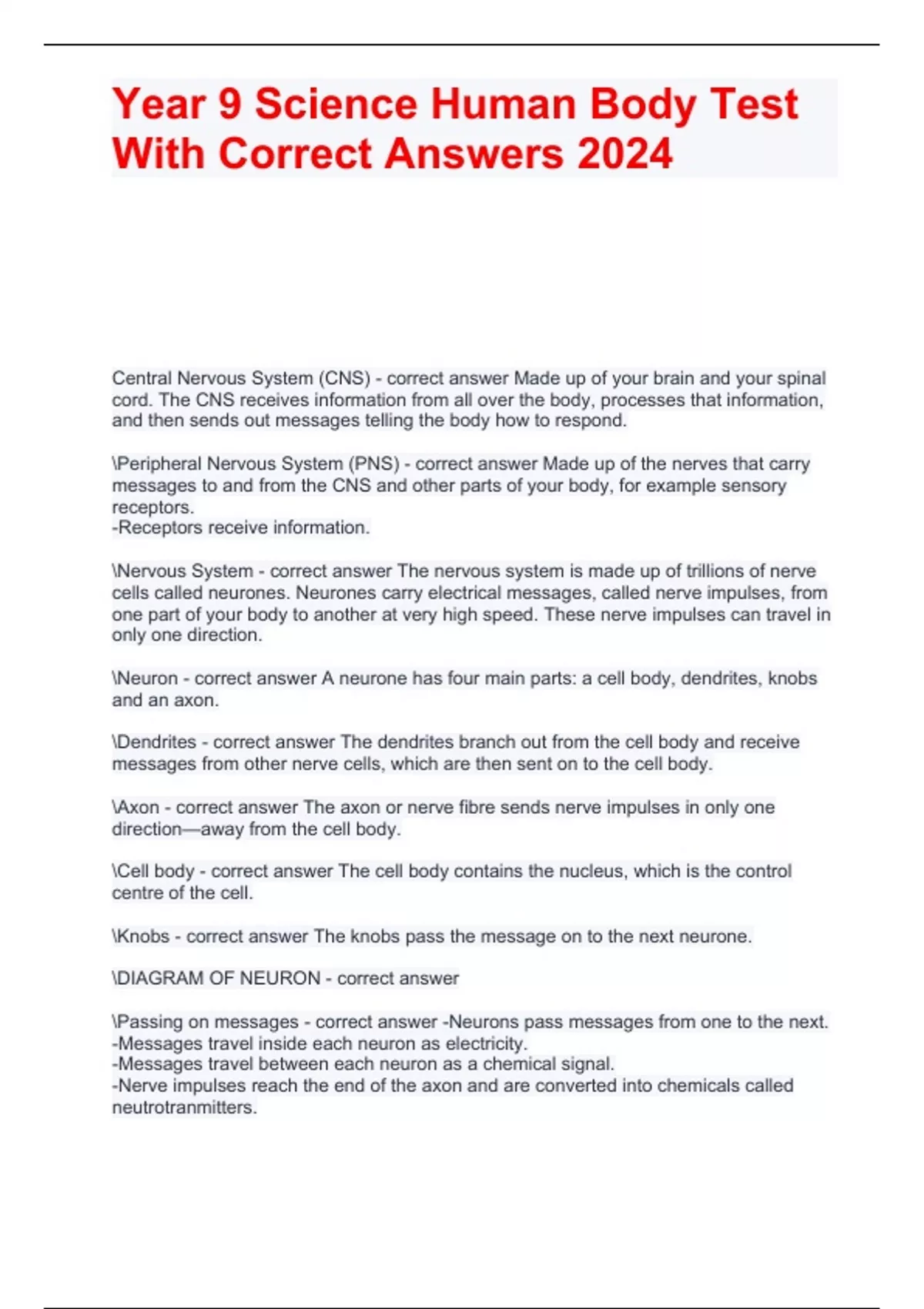 Year 9 Science Human Body Test With Correct Answers 2024 - Human body ...