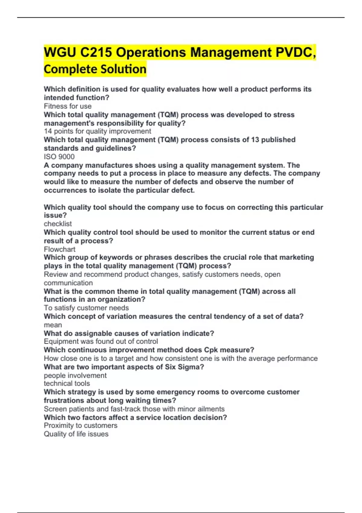 WGU C215 Operations Management PVDC, Complete Solution - WGU C215 ...