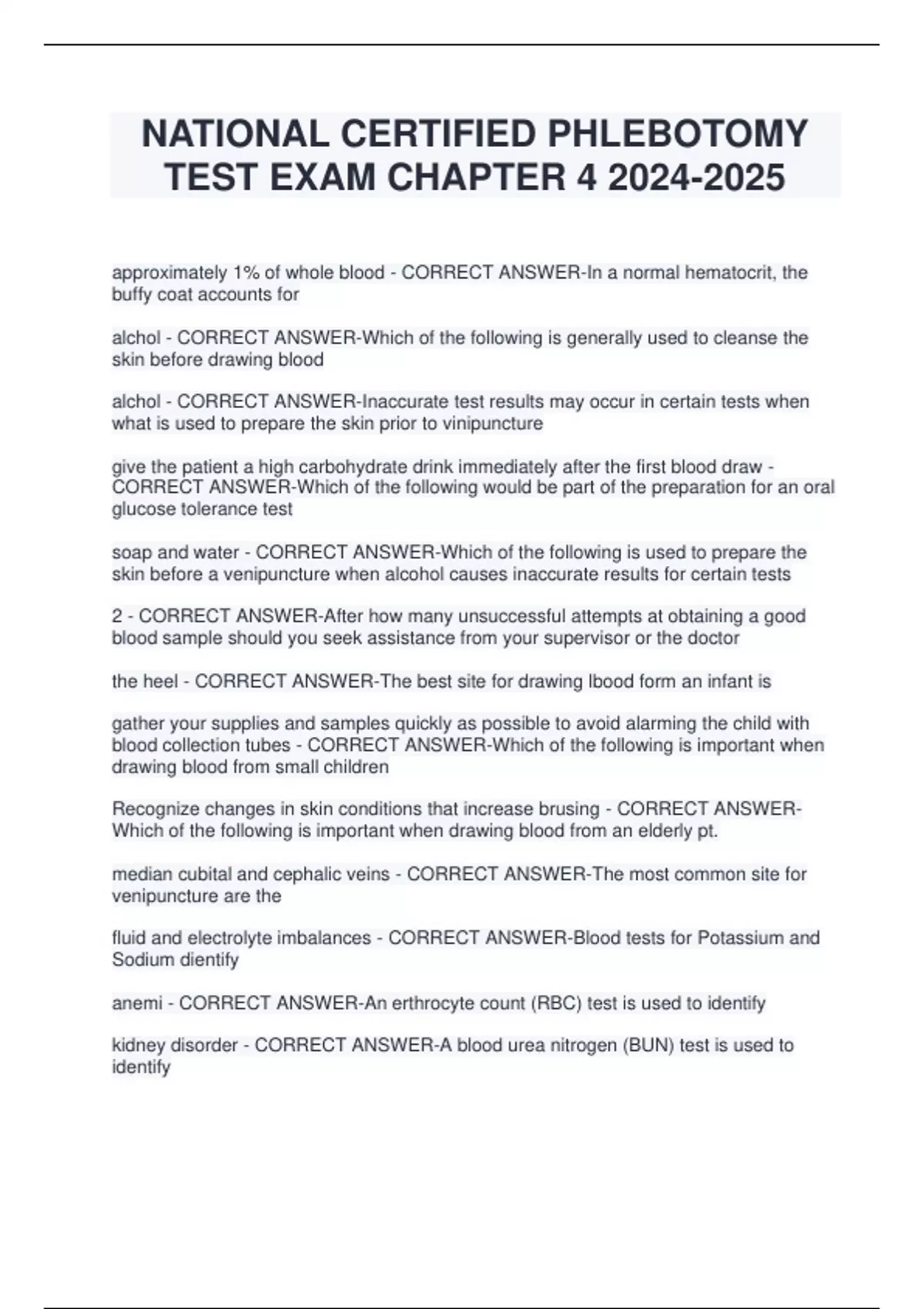 NATIONAL CERTIFIED PHLEBOTOMY TEST EXAM CHAPTER - Phlebotomy - Stuvia US