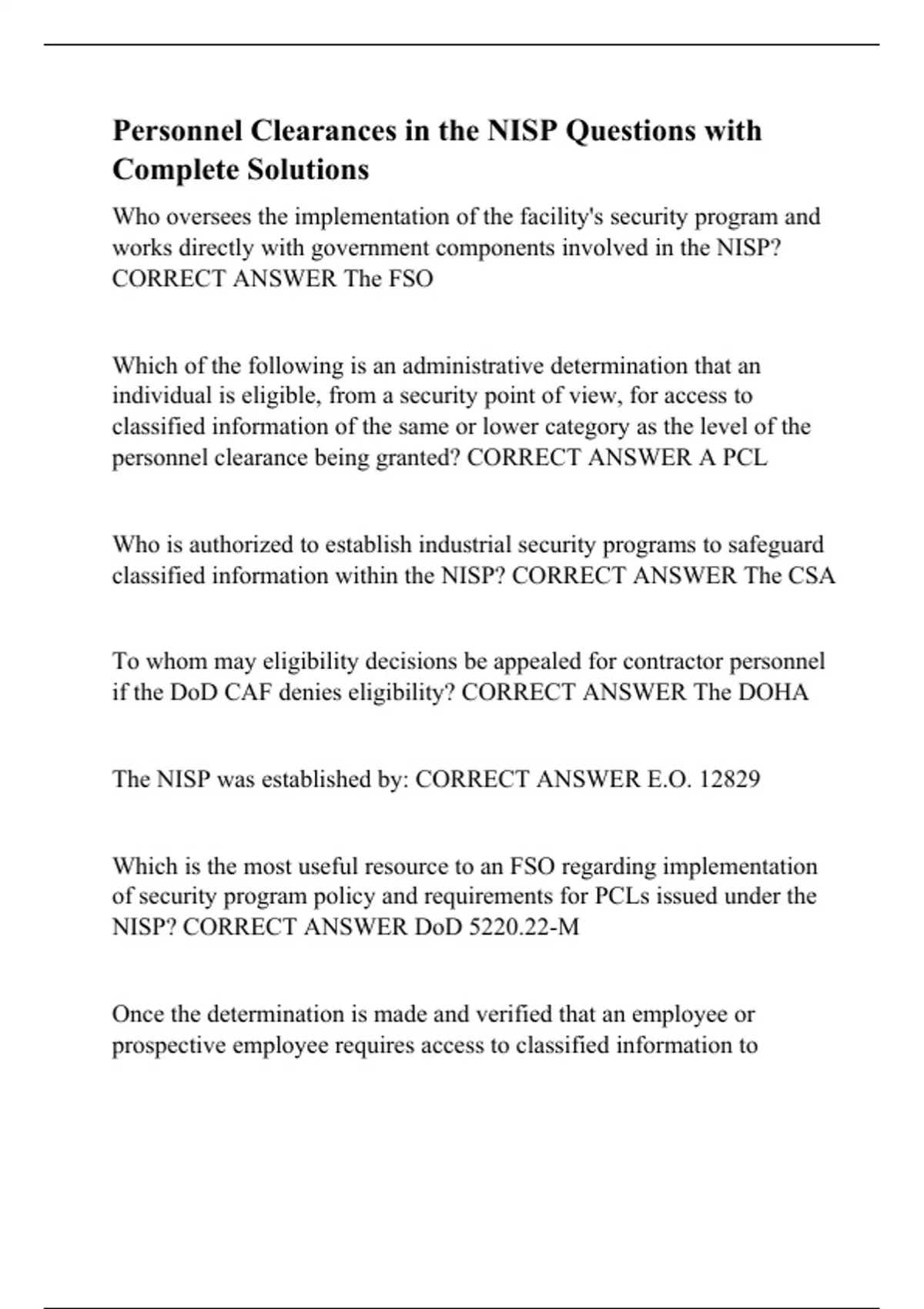 Personnel Clearances in the NISP Questions with Complete Solutions ...