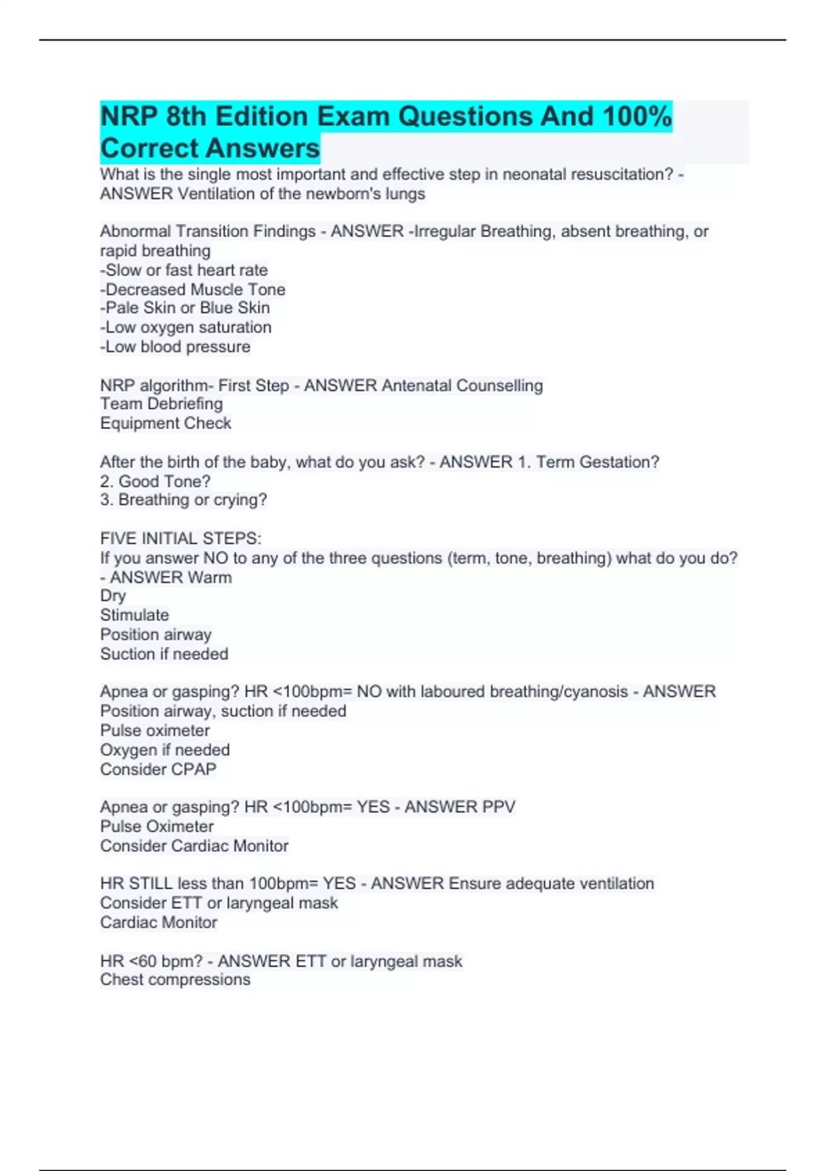 NRP 8th Edition Exam Questions And 100% Correct Answers - Neonatal Resuscitation Program - Stuvia US
