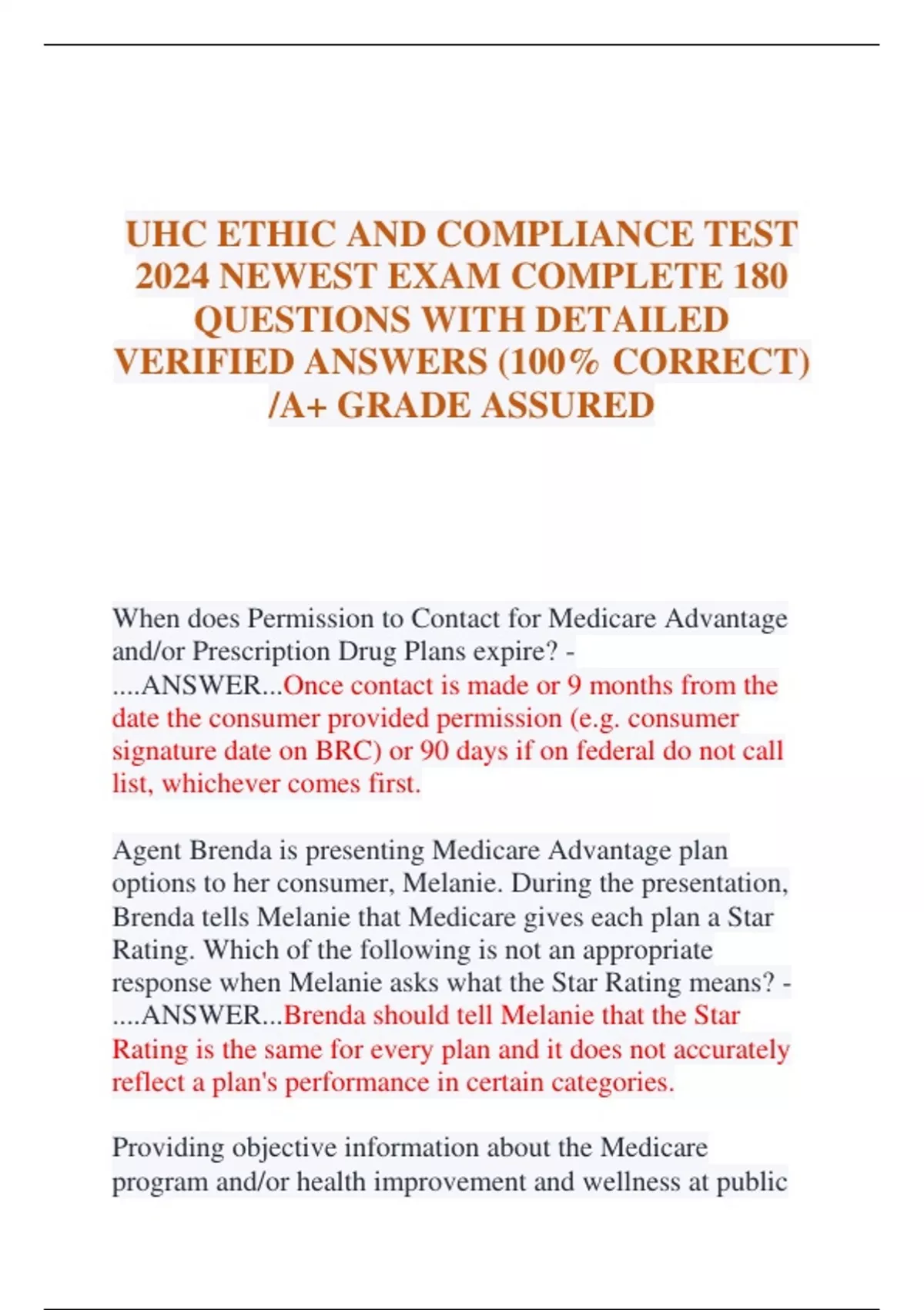 UHC ETHIC AND COMPLIANCE TEST 2024 NEWEST EXAM COMPLETE 180 QUESTIONS ...