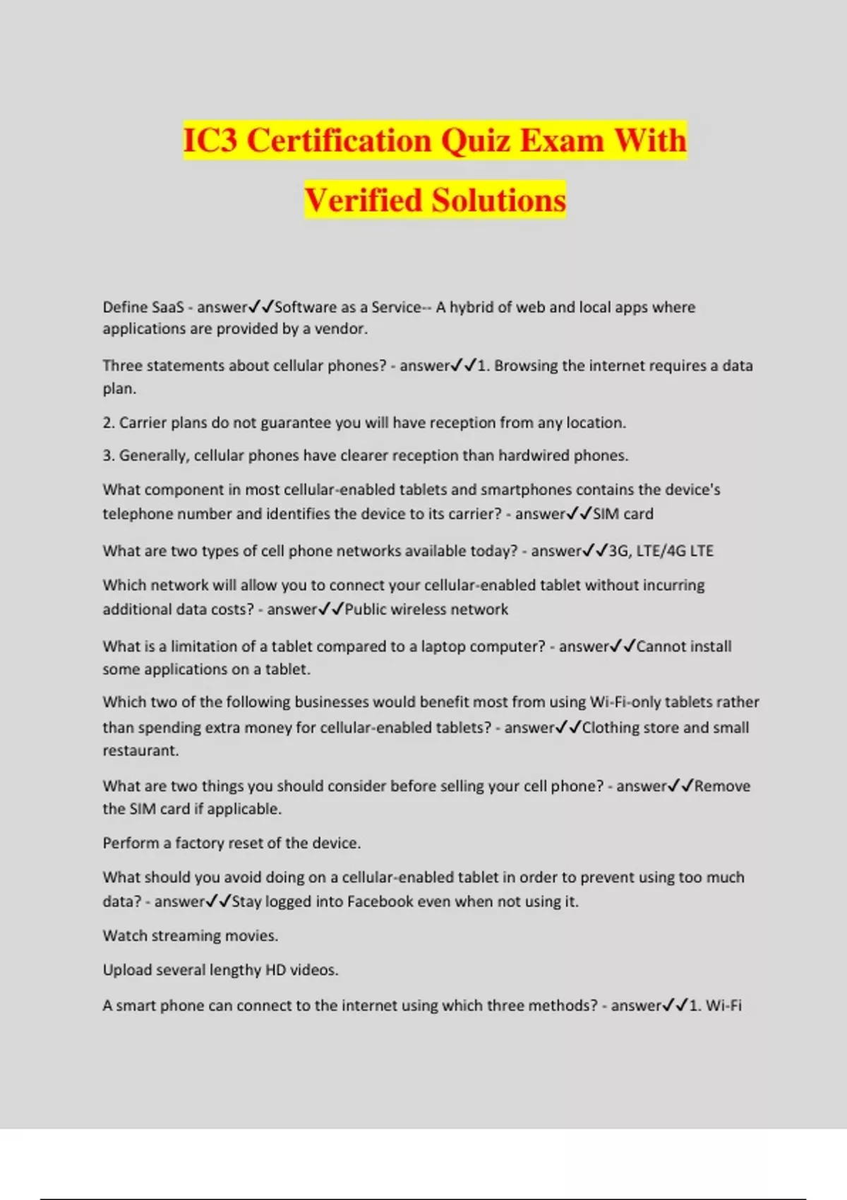 IC3 Certification Quiz Exam With Verified Solutions - IC3 - Stuvia US