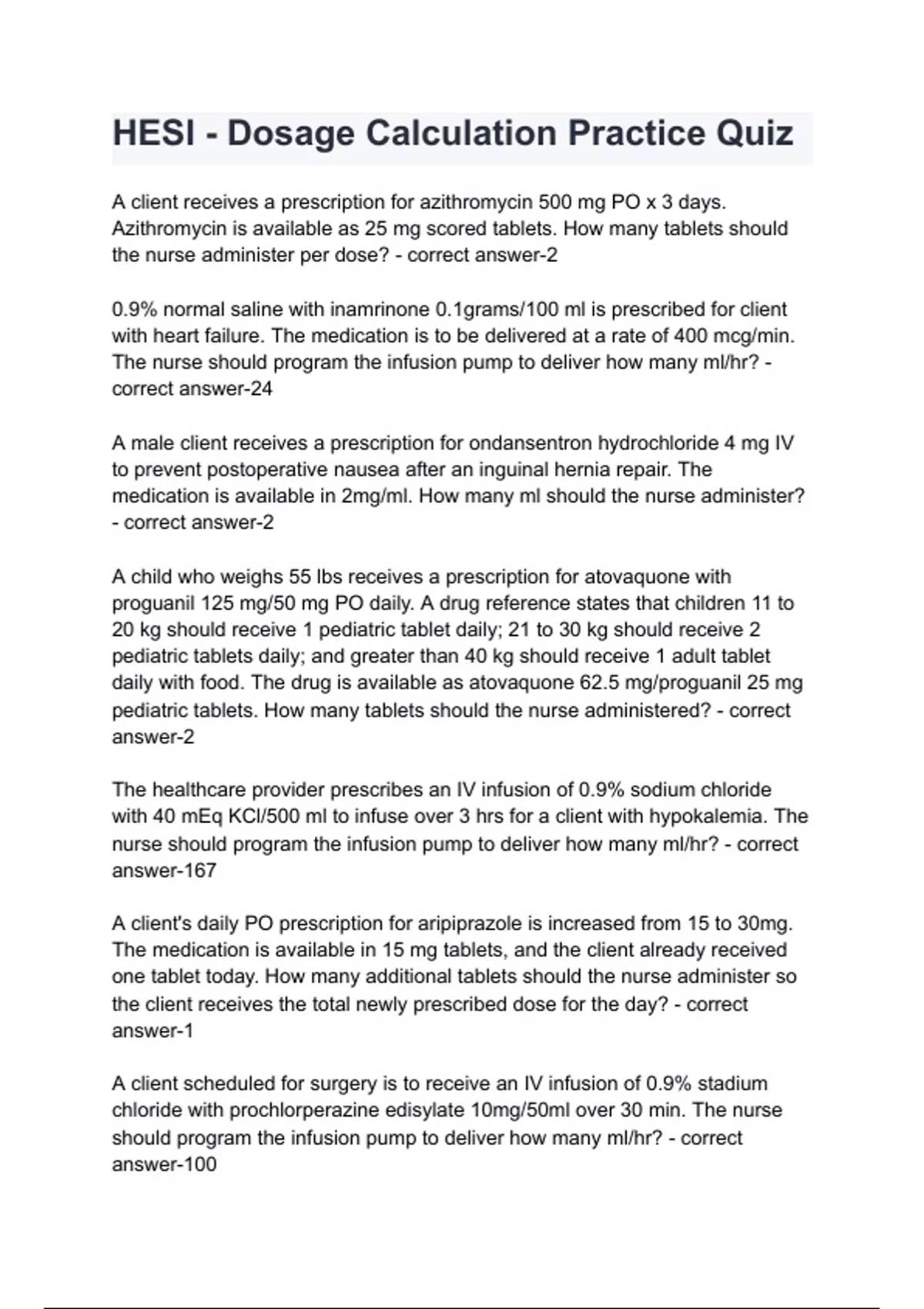 HESI - Dosage Calculation Practice Quiz questions and verified answers (2023/ 2024) 100% correct ...