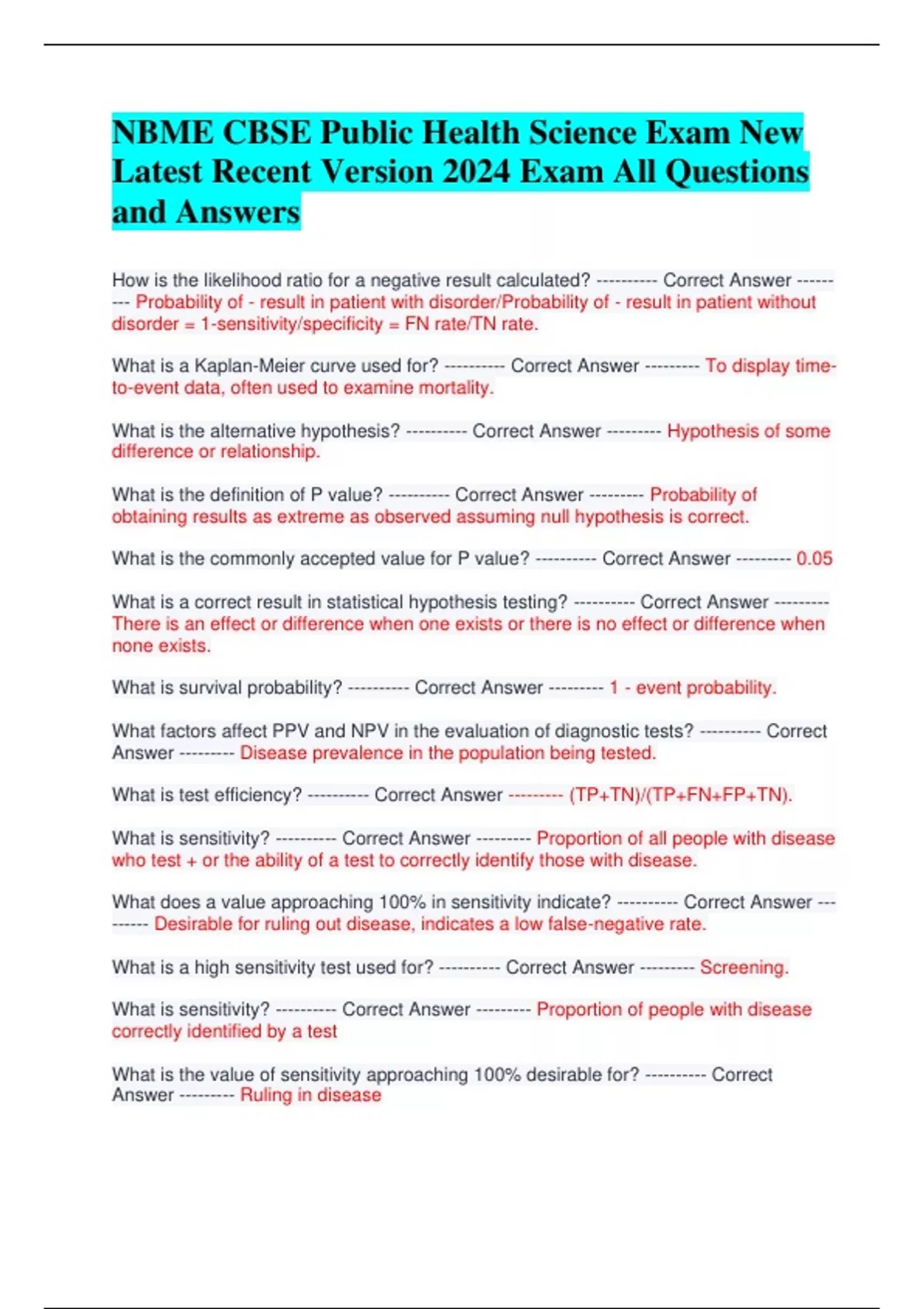 NBME CBSE Public Health Science Exam New Latest Recent Version 2024 ...