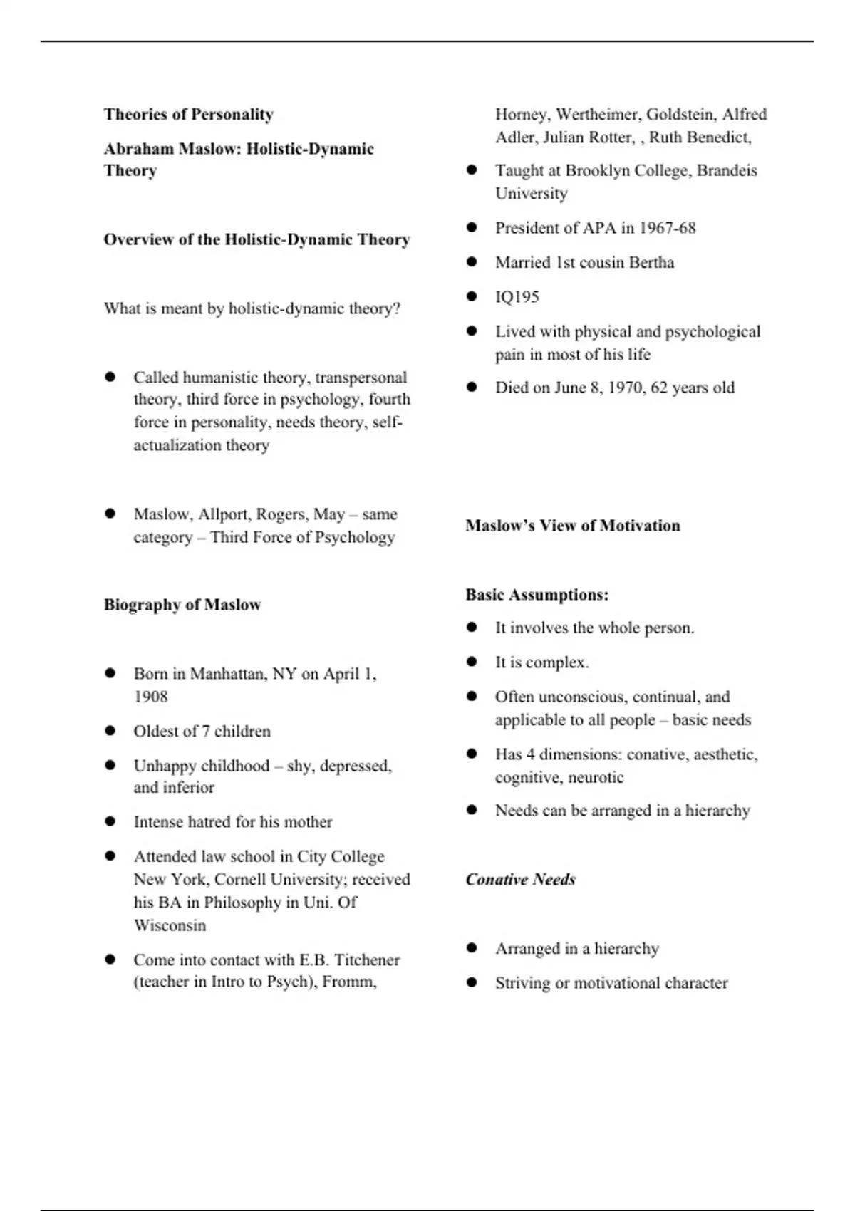Summary Theories of Personality Abraham Maslow: Holistic-Dynamic Theory ...