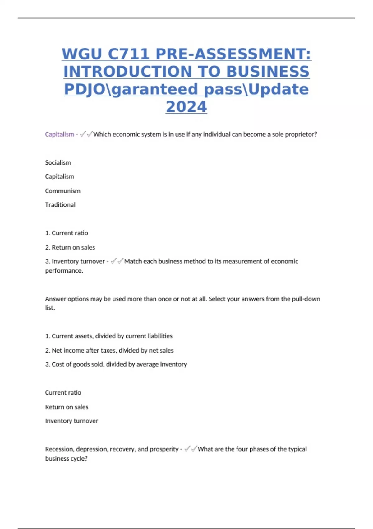 WGU C711 PRE-ASSESSMENT: INTRODUCTION TO BUSINESS PDJOgaranteed ...