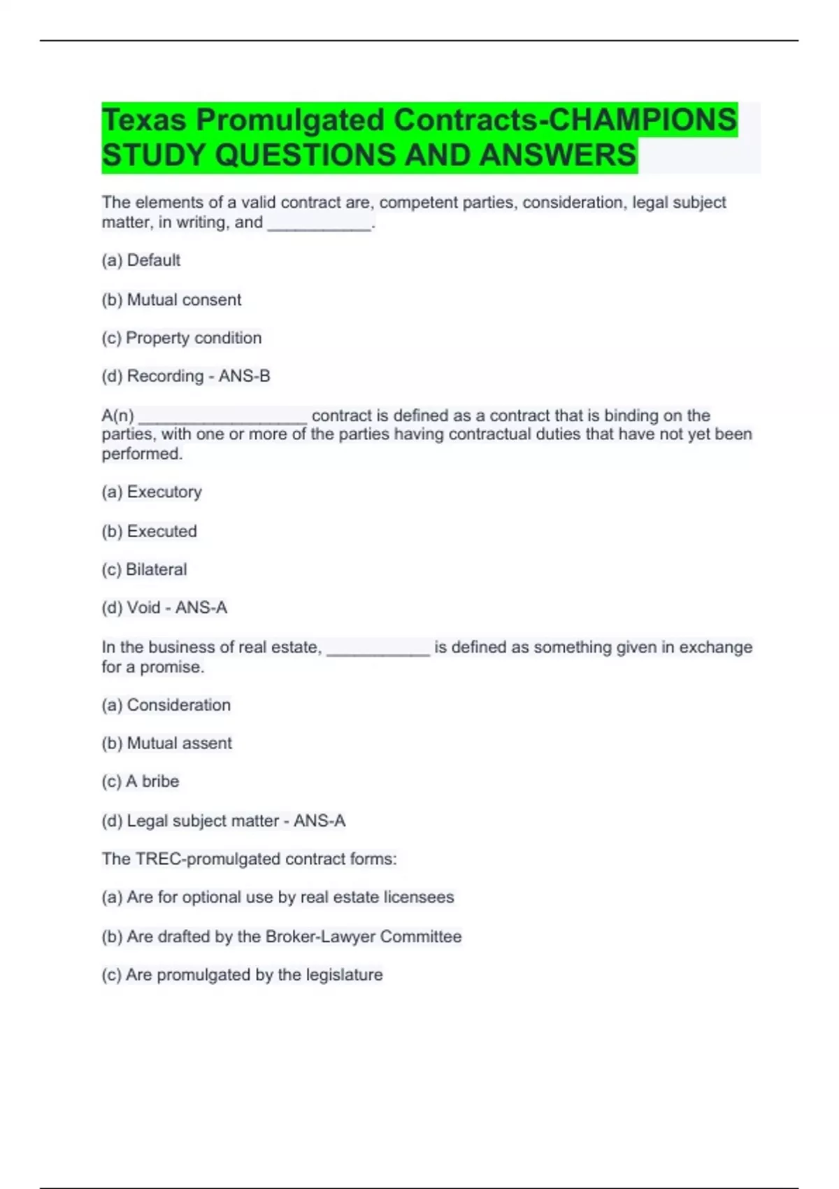 Texas Promulgated Contracts-CHAMPIONS STUDY QUESTIONS AND ANSWERS ...