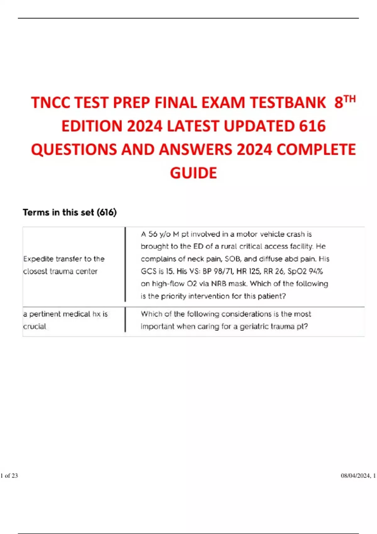 TNCC PREP FINAL EXAM TESTBANK 8TH EDITION 2024 LATEST QUESTIONS WITH ...