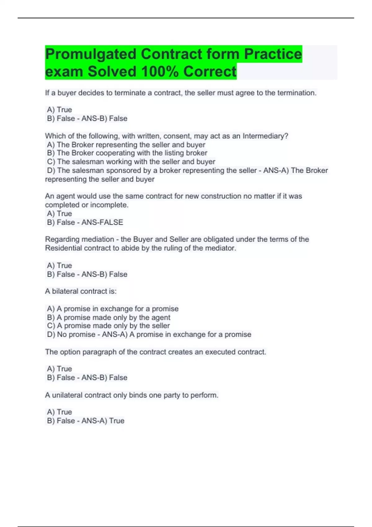 Promulgated Contract form Practice exam Solved 100% Correct ...