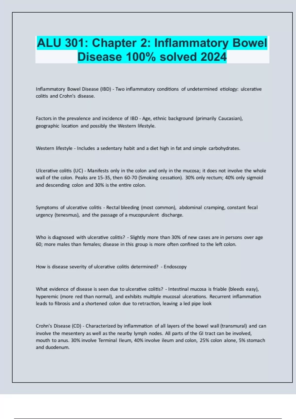 ALU 301: Chapter 2: Inflammatory Bowel Disease 100% solved 2024 - ALU 301 - Stuvia US