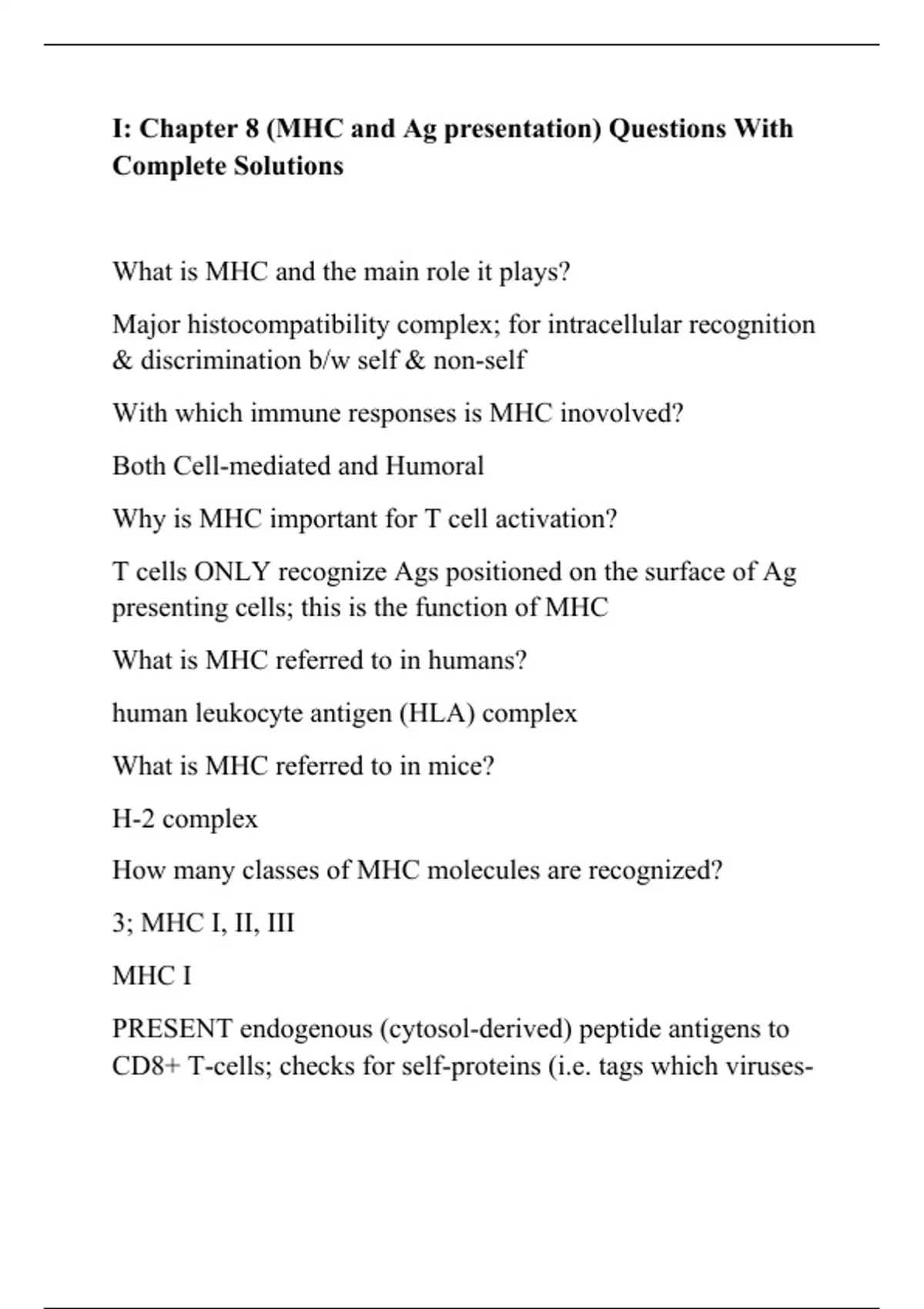 I: Chapter 8 (MHC and Ag presentation) Questions With Complete ...