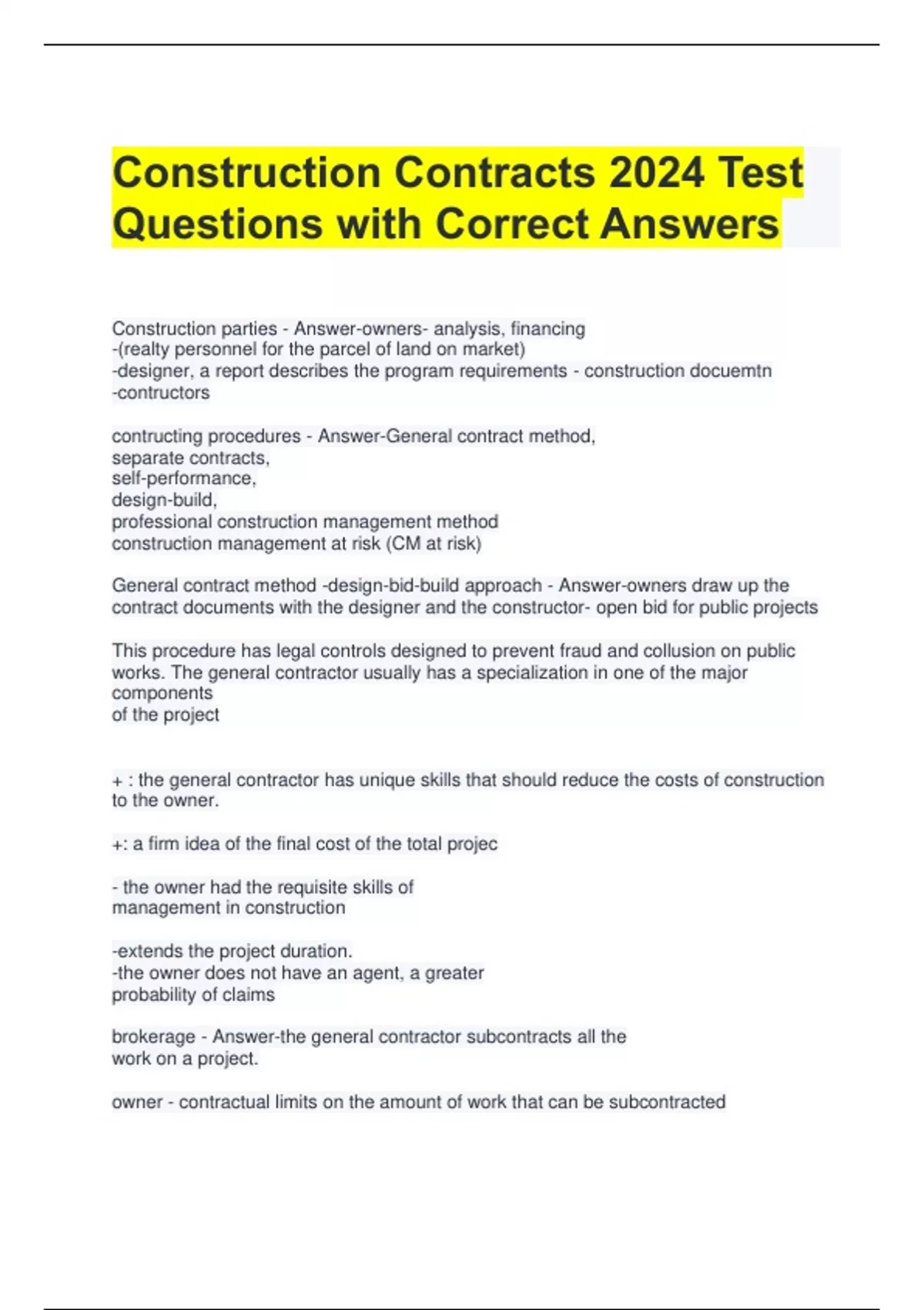 Construction Contracts 2024 Test Questions with Correct Answers ...