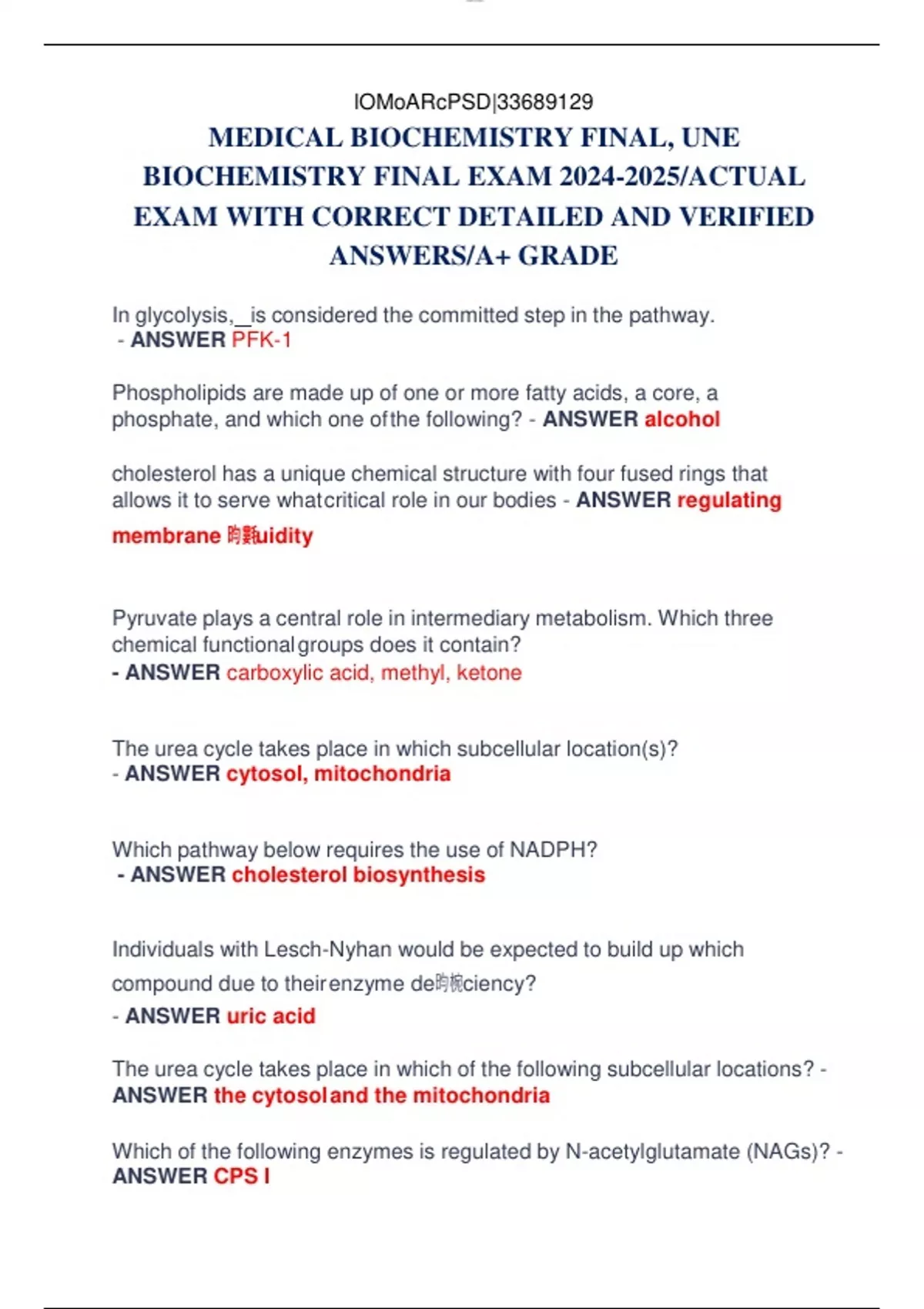 MEDICAL BIOCHEMISTRY FINAL, UNE BIOCHEMISTRY FINAL EXAM /ACTUAL EXAM ...