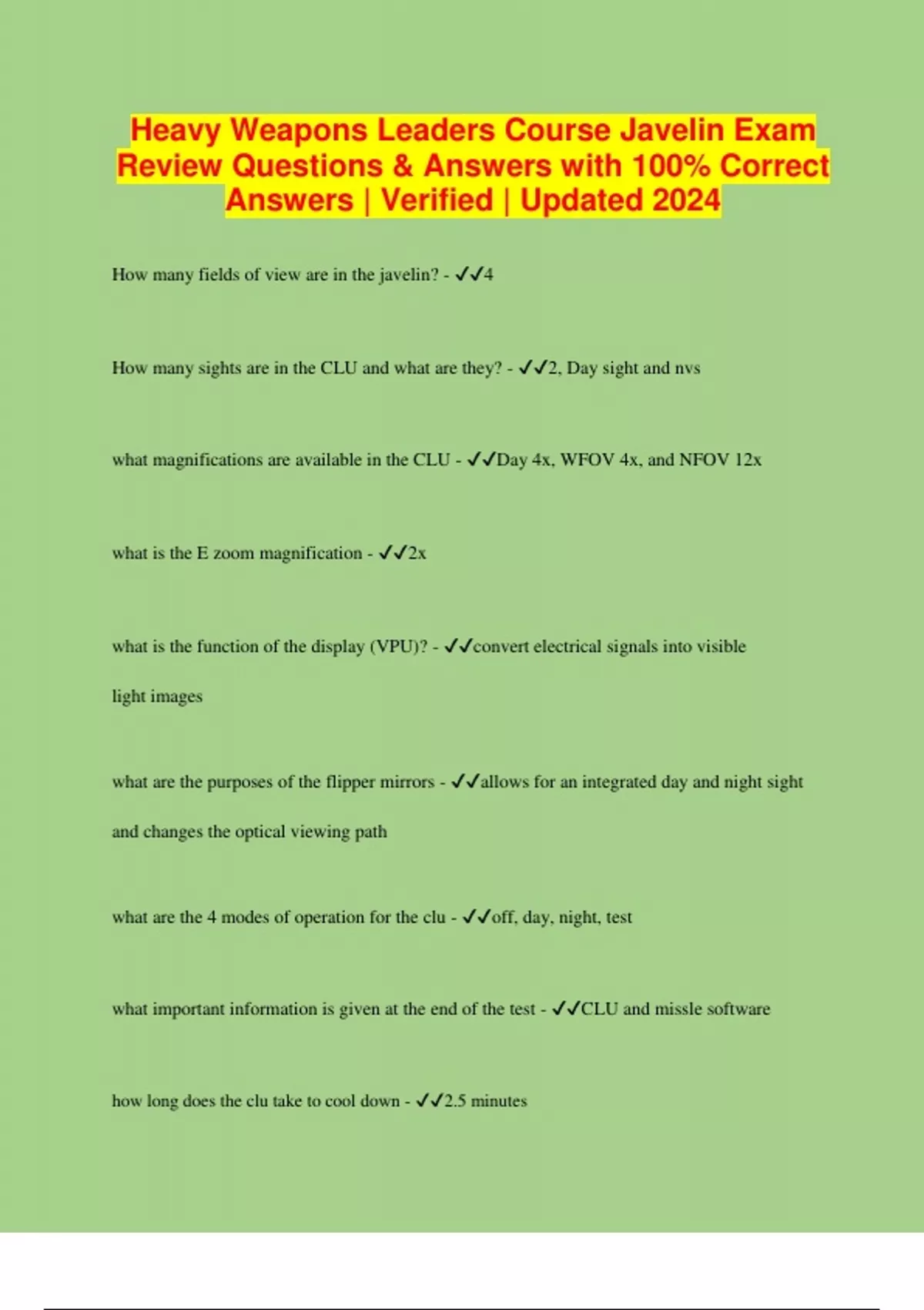 Heavy Weapons Leaders Course Javelin Exam Review Questions & Answers ...