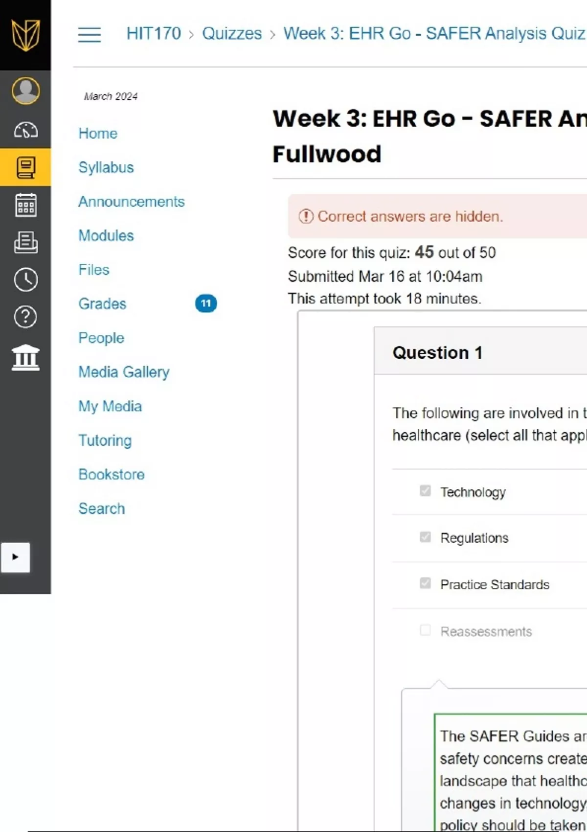 HIT-170 - Week 3- EHR Go - SAFER Analysis Quiz - Health information fundamentals practicum ...
