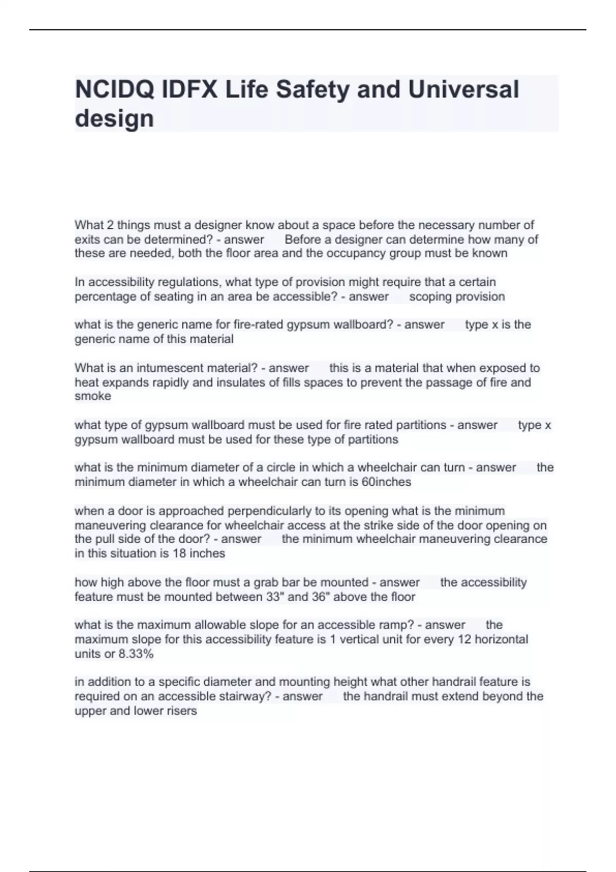 NCIDQ IDFX Life Safety and Universal design Questions and Answers 2024 ...