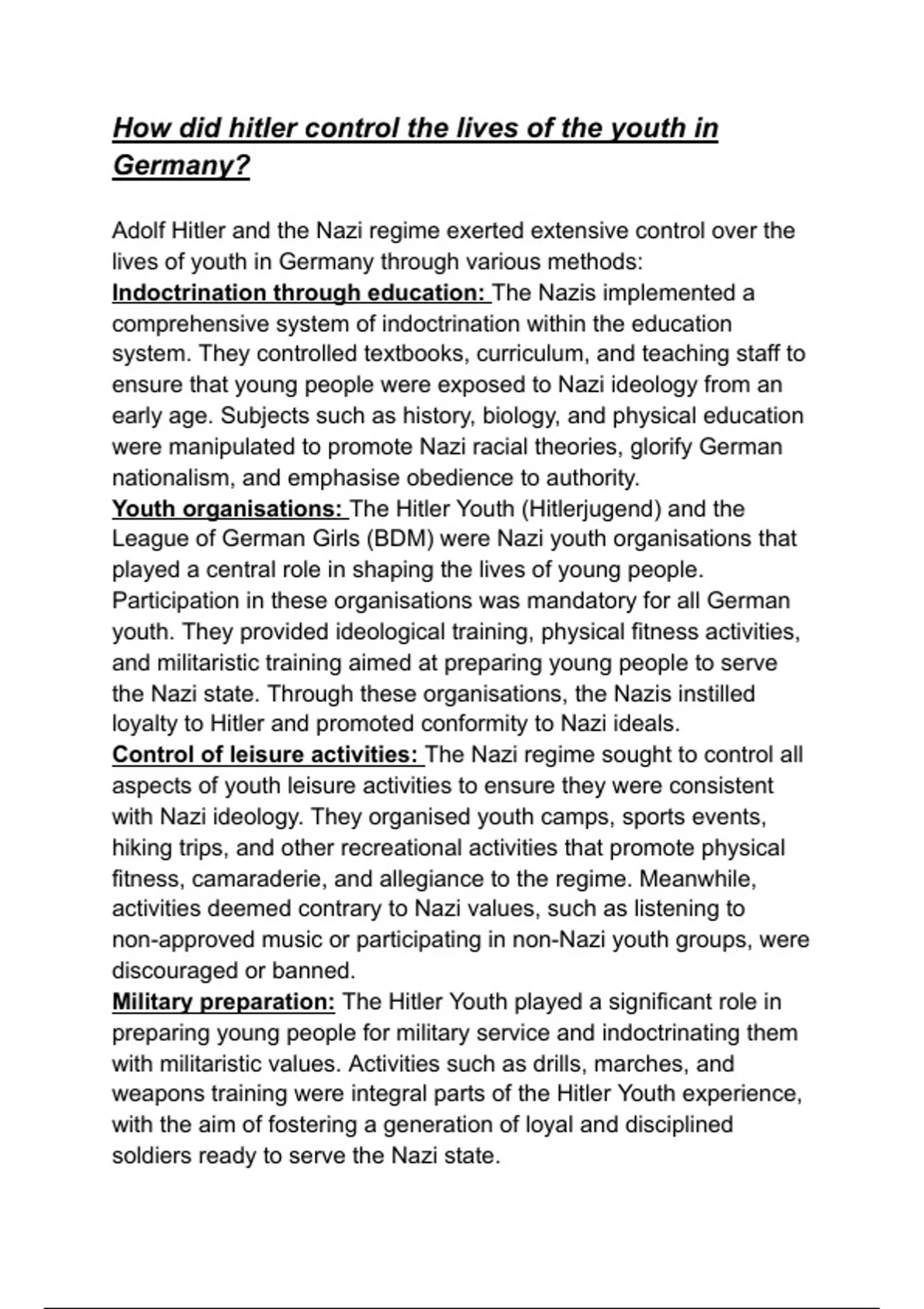 Summary How did hitler control the lives of the youth in Germany ...