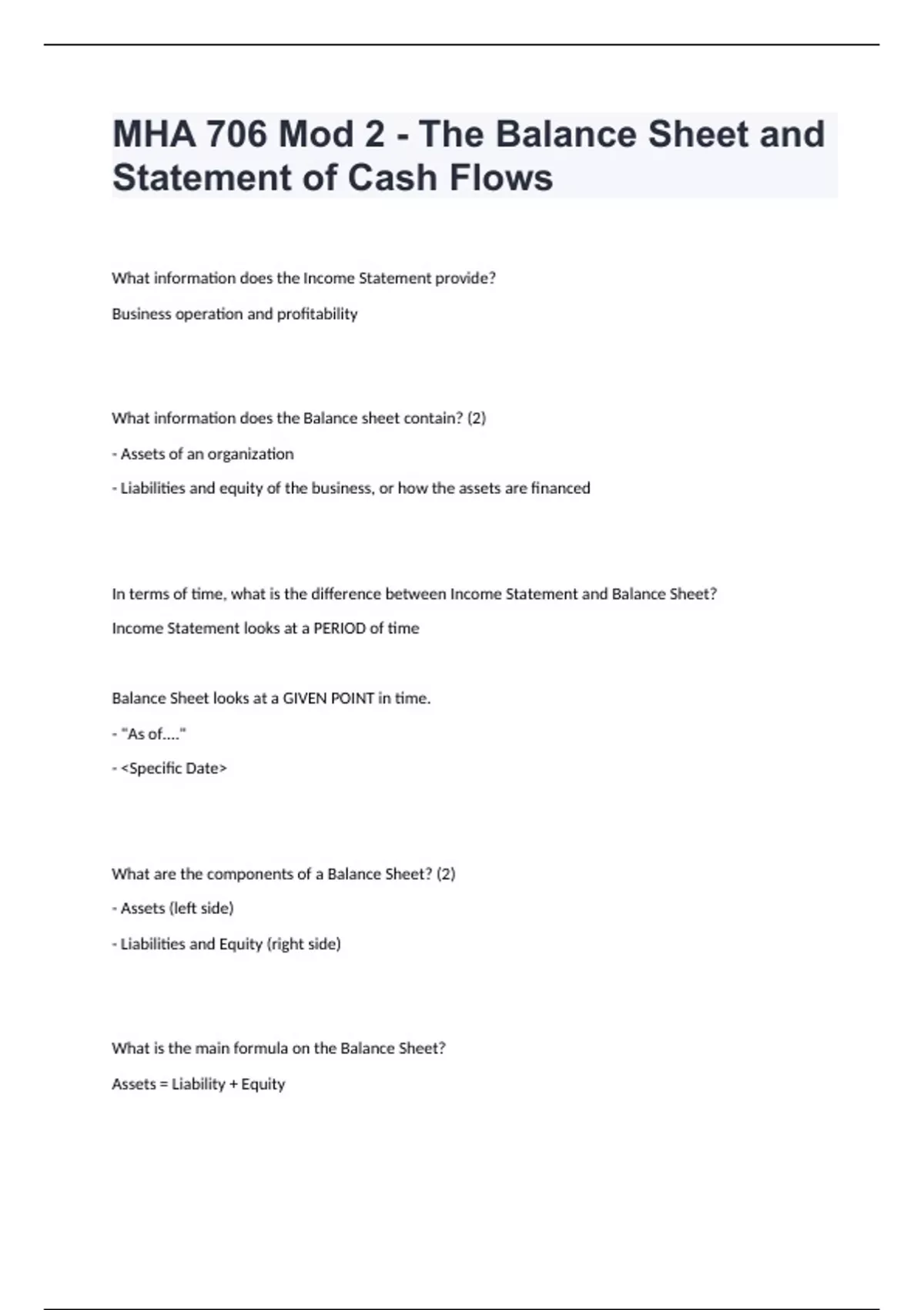 MHA 706 Mod 2 - The Balance Sheet and Statement of Cash Flows 2024/2025 ...