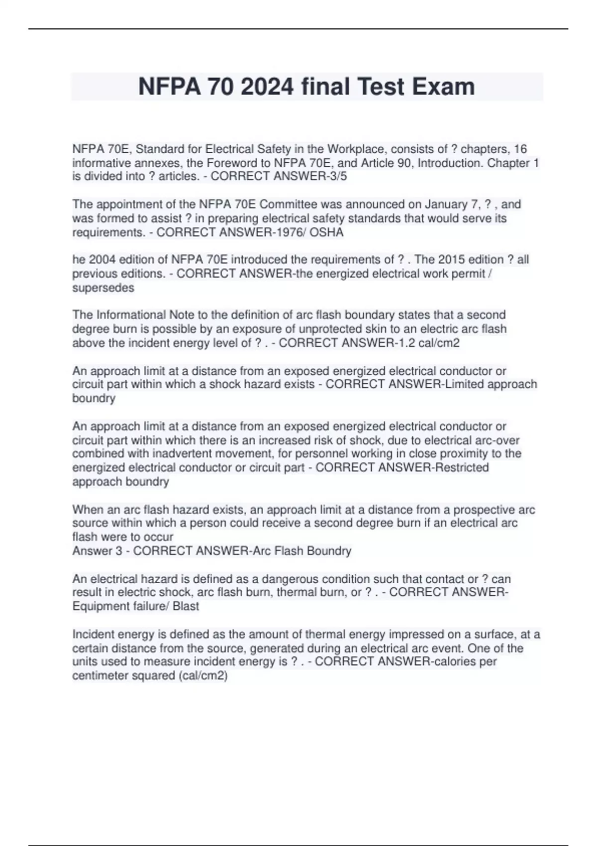 NFPA 70 2024 final Test Exam - NFPA 70E - Stuvia US