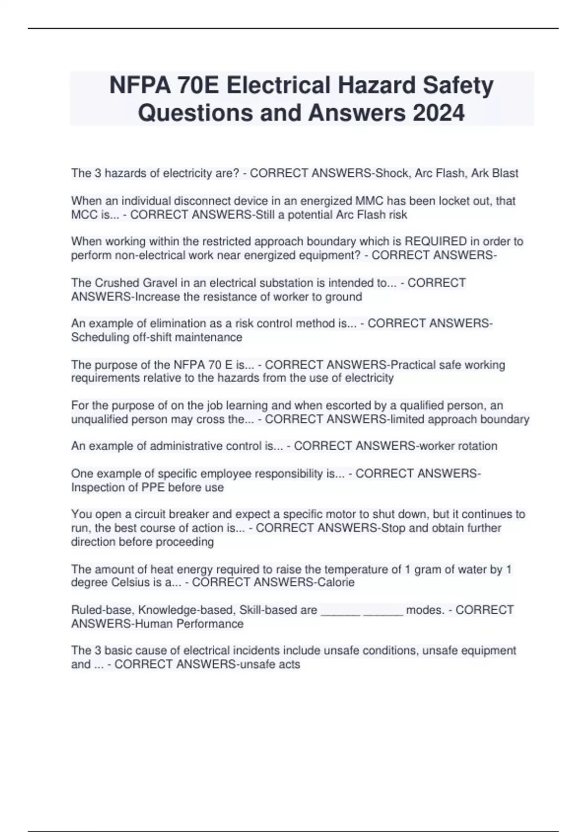 NFPA 70E Electrical Hazard Safety Questions and Answers 2024 - NFPA 70E ...