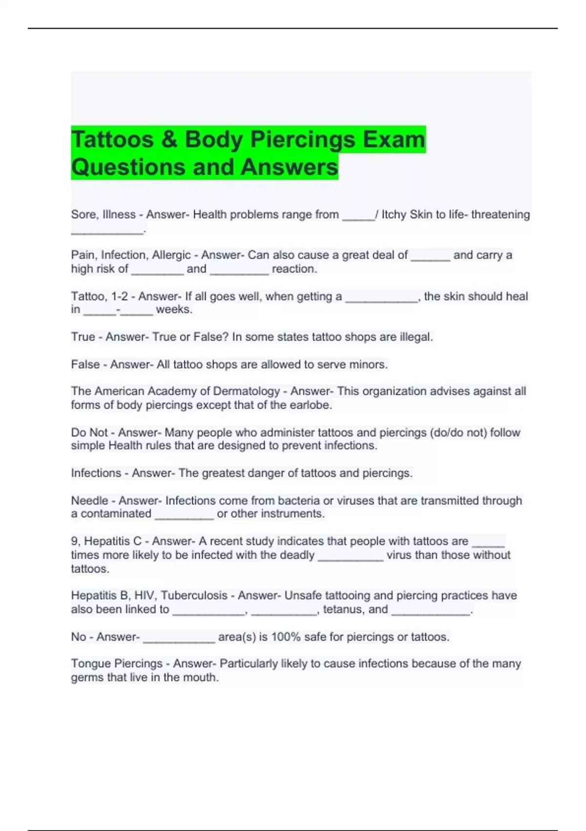 Tattoos & Body Piercings Exam Questions and Answers - Tattoo and Body ...