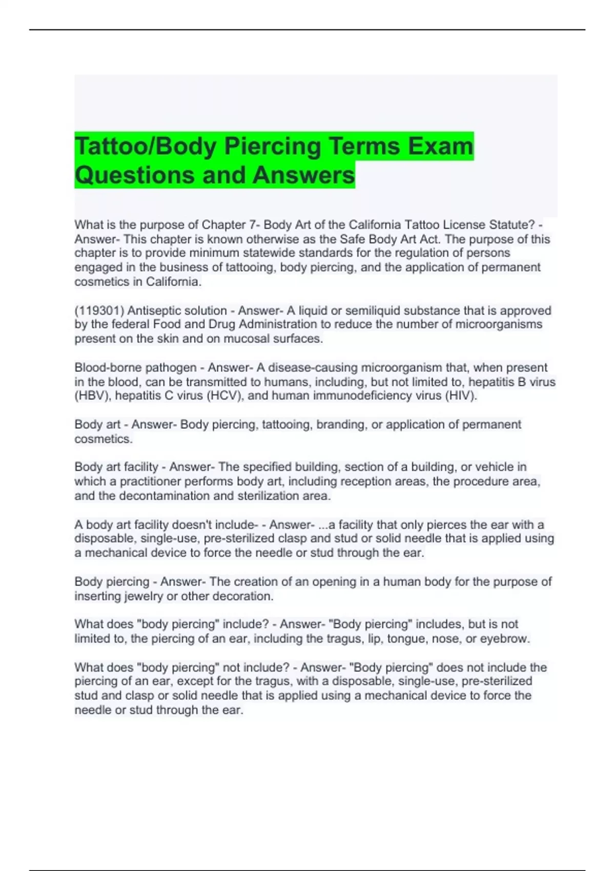 Tattoo-Body Piercing Terms Exam Questions and Answers - Tattoo and Body ...