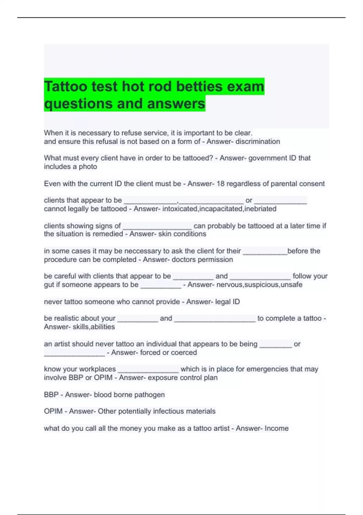 Tattoo test hot rod betties exam questions and answers - Tattoo and ...