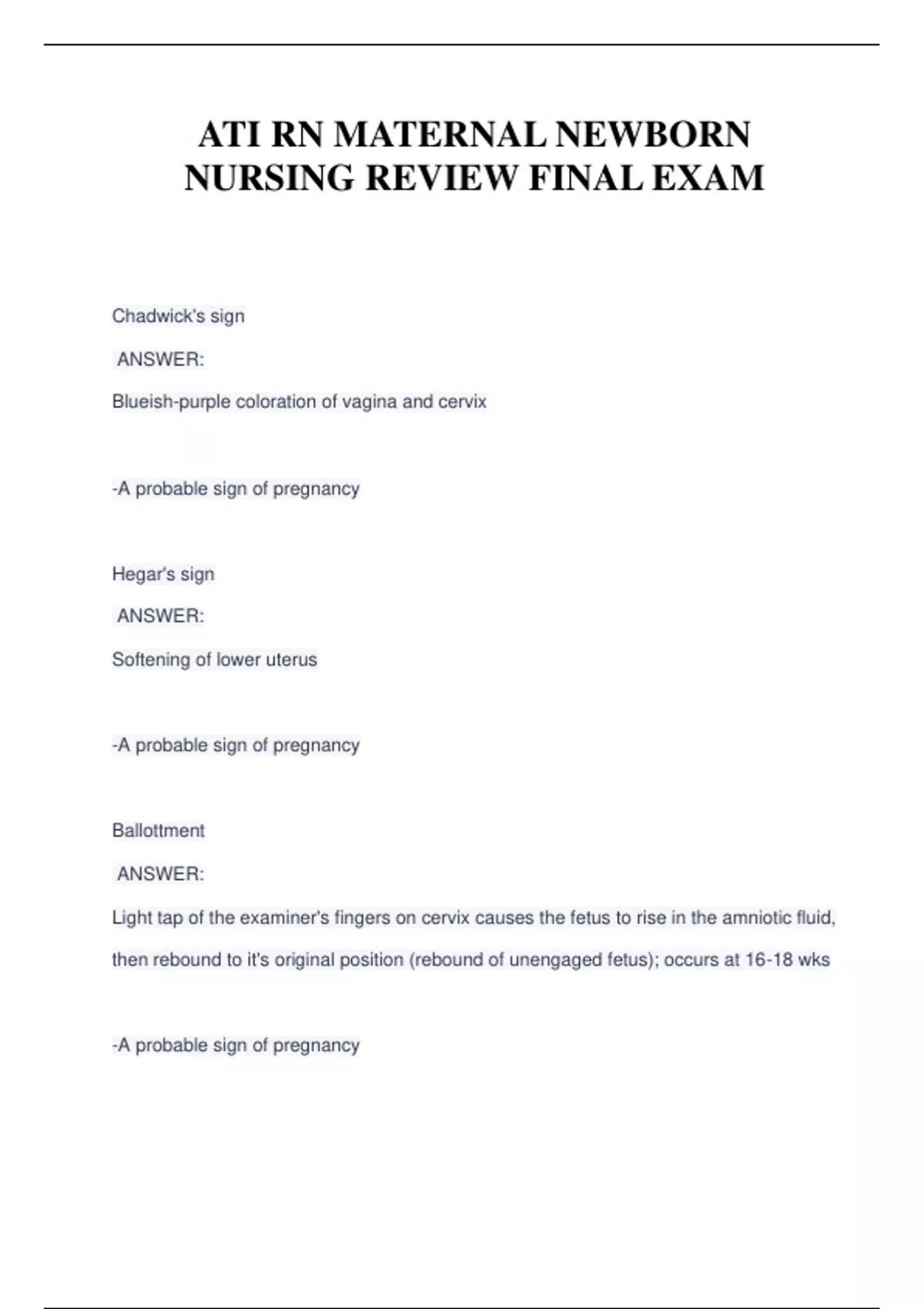 ATI RN MATERNAL NEWBORN NURSING REVIEW FINAL EXAM - ATI RN MATERNAL ...