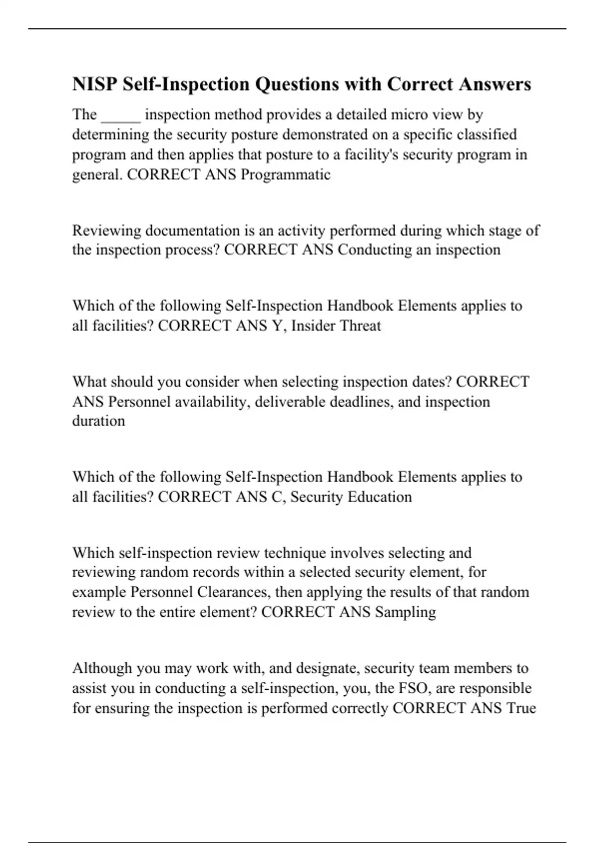 NISP Self-Inspection Questions with Correct Answers - NISP - Stuvia US