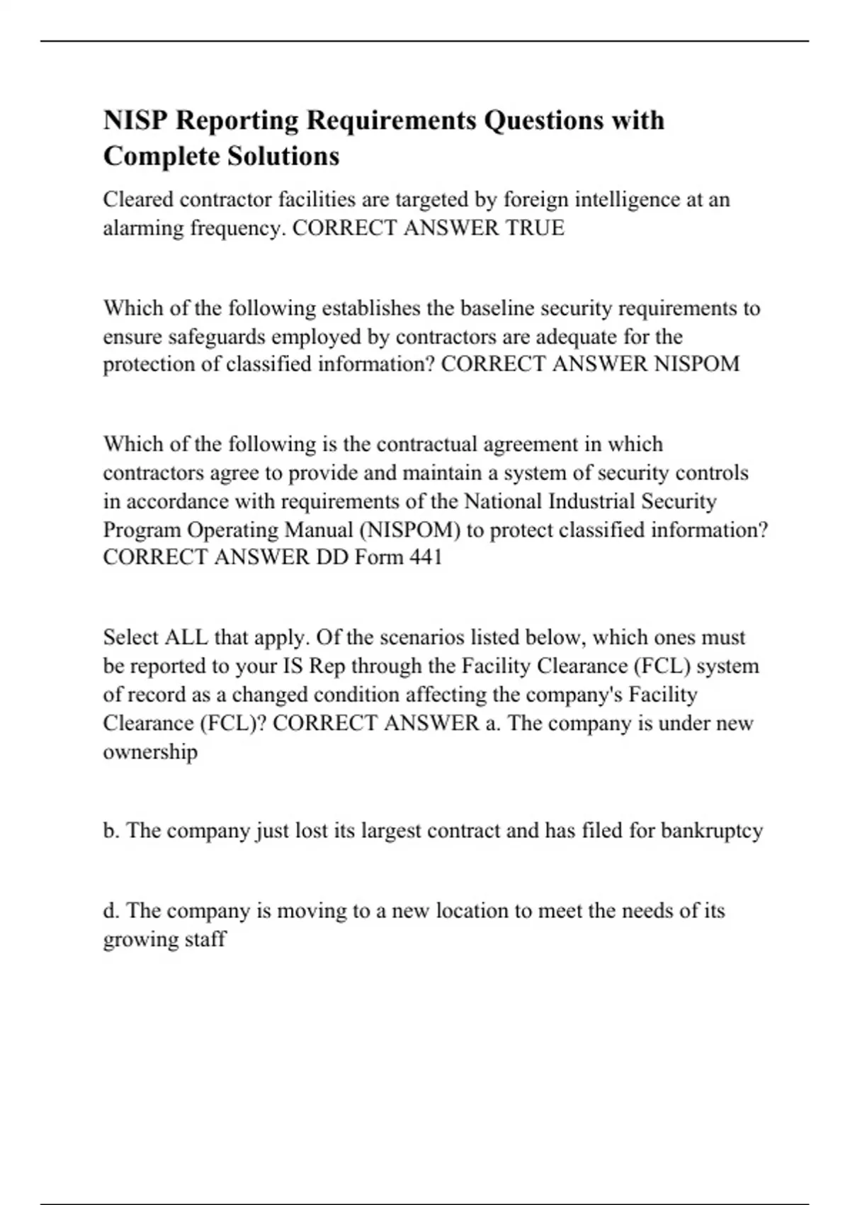 NISP Reporting Requirements Questions with Complete Solutions - NISP - Stuvia US