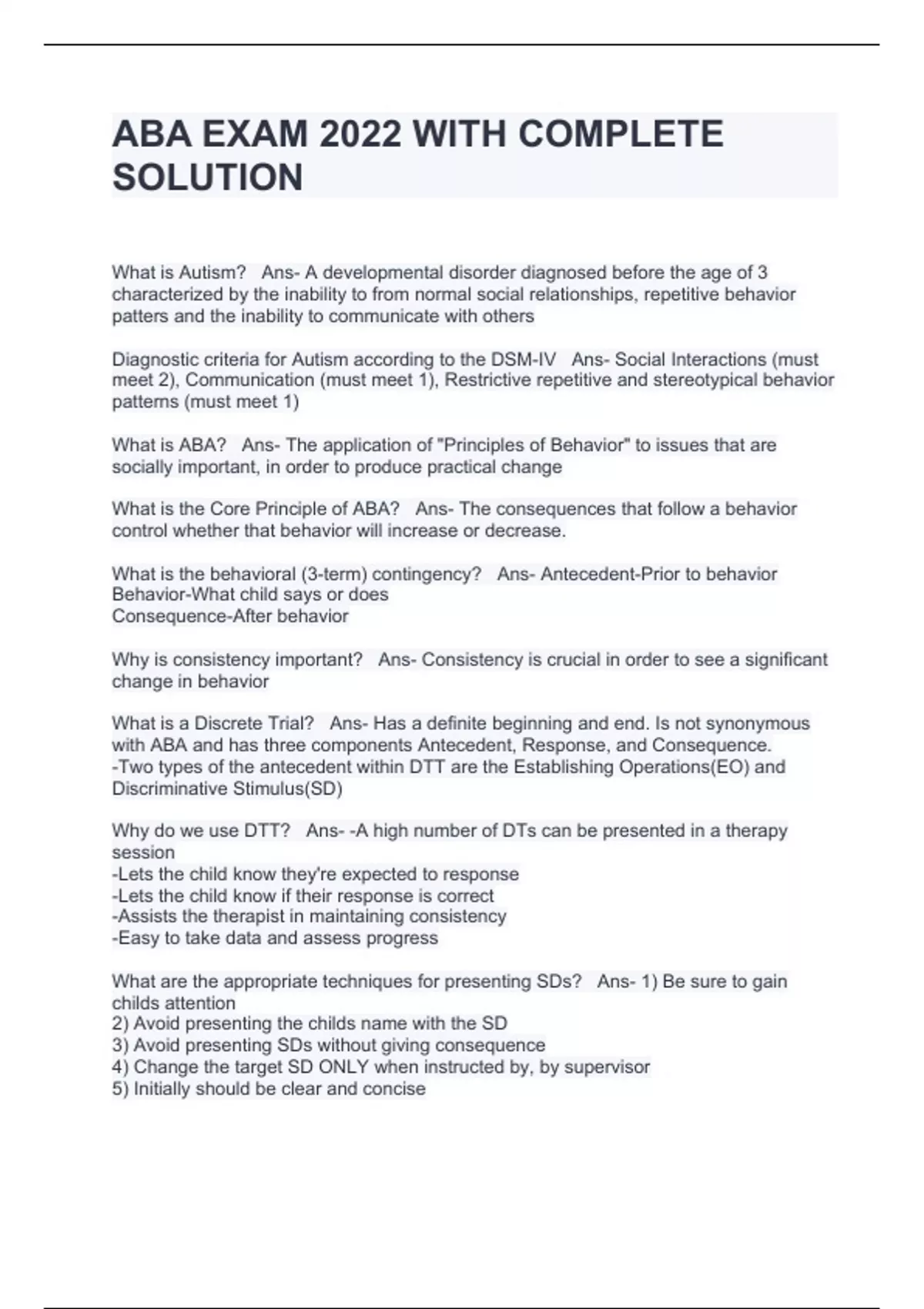 ABA EXAM 2024 WITH COMPLETE SOLUTION - Advance nursing - Stuvia US