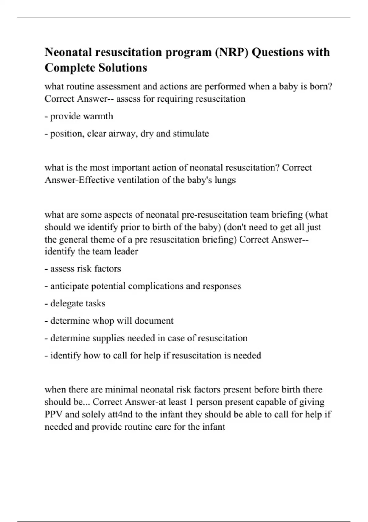 Neonatal resuscitation program (NRP) Questions with Complete Solutions - Neonatal Resuscitation ...