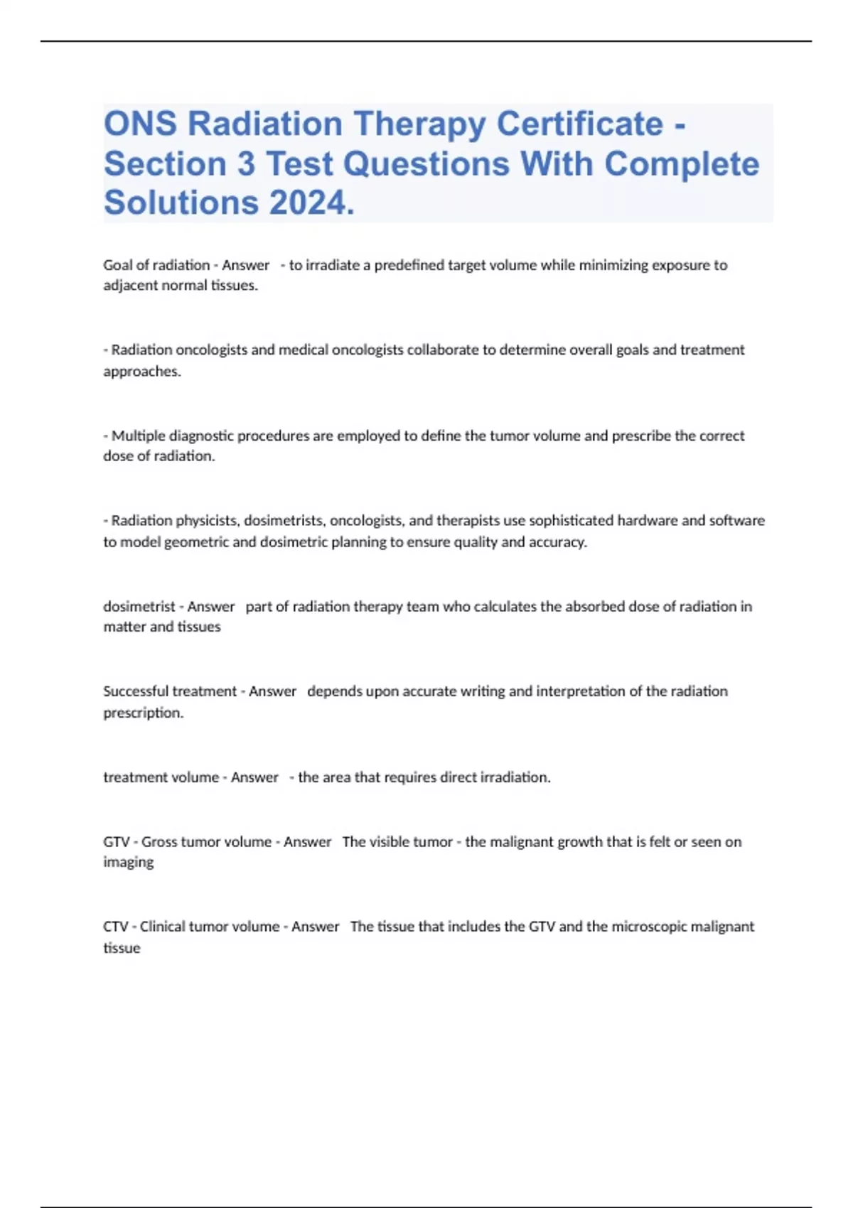 ONS Radiation Therapy Certificate - Section 3 Test Questions With ...