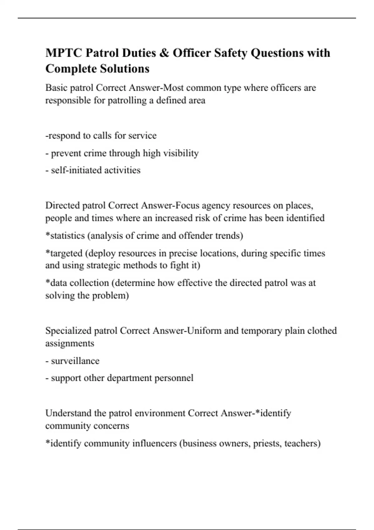 MPTC Patrol Duties & Officer Safety Questions with Complete Solutions ...
