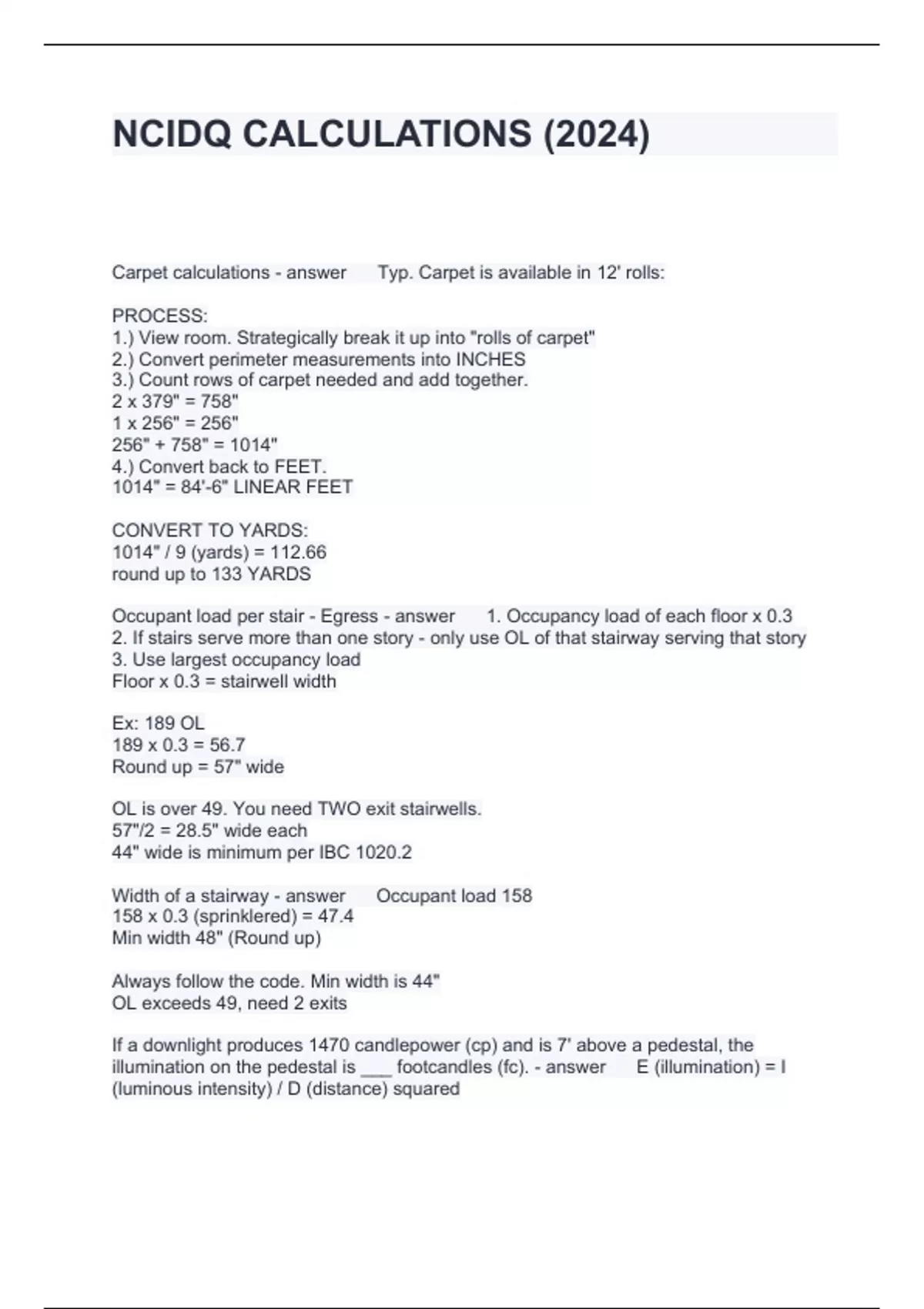 NCIDQ CALCULATIONS (2024) QUESTIONS AND ANSWERS - NCIDQ - Stuvia US