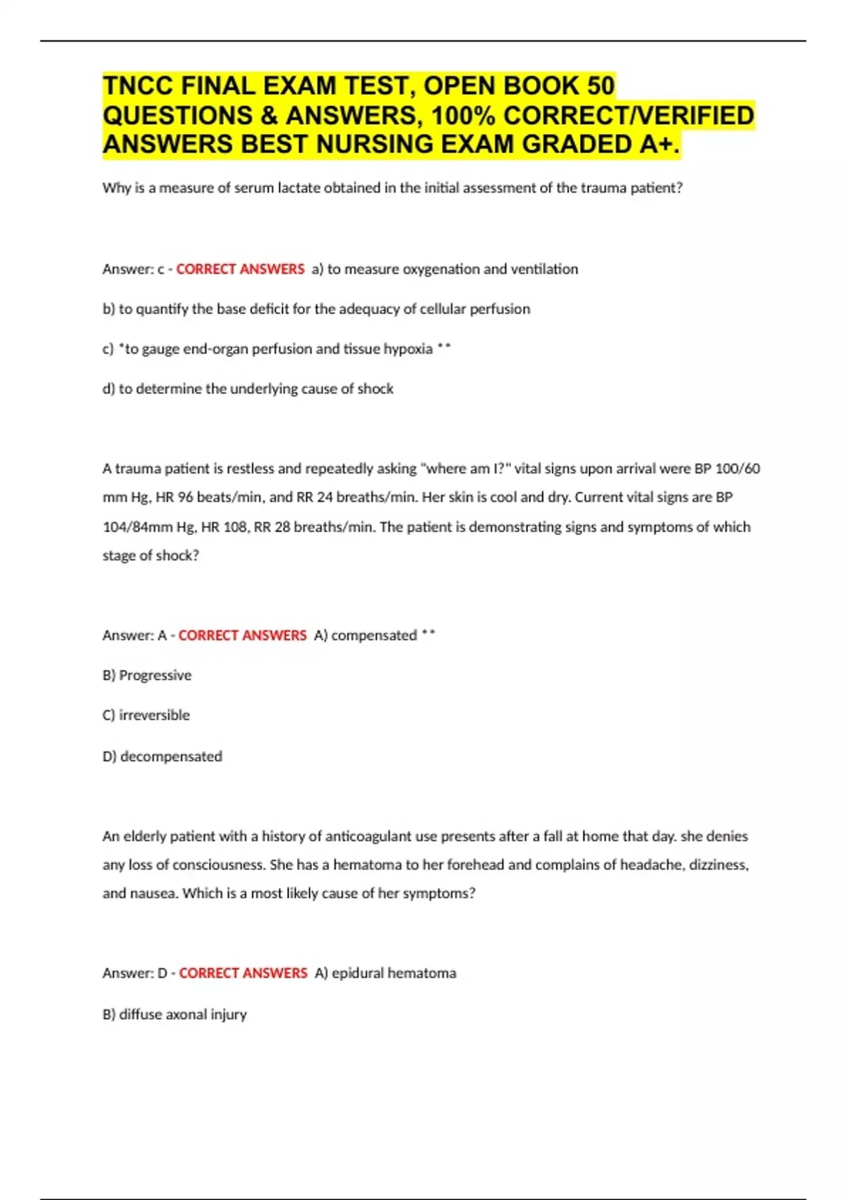 TNCC FINAL EXAM TEST, OPEN BOOK 50 QUESTIONS & ANSWERS, 100% CORRECT ...