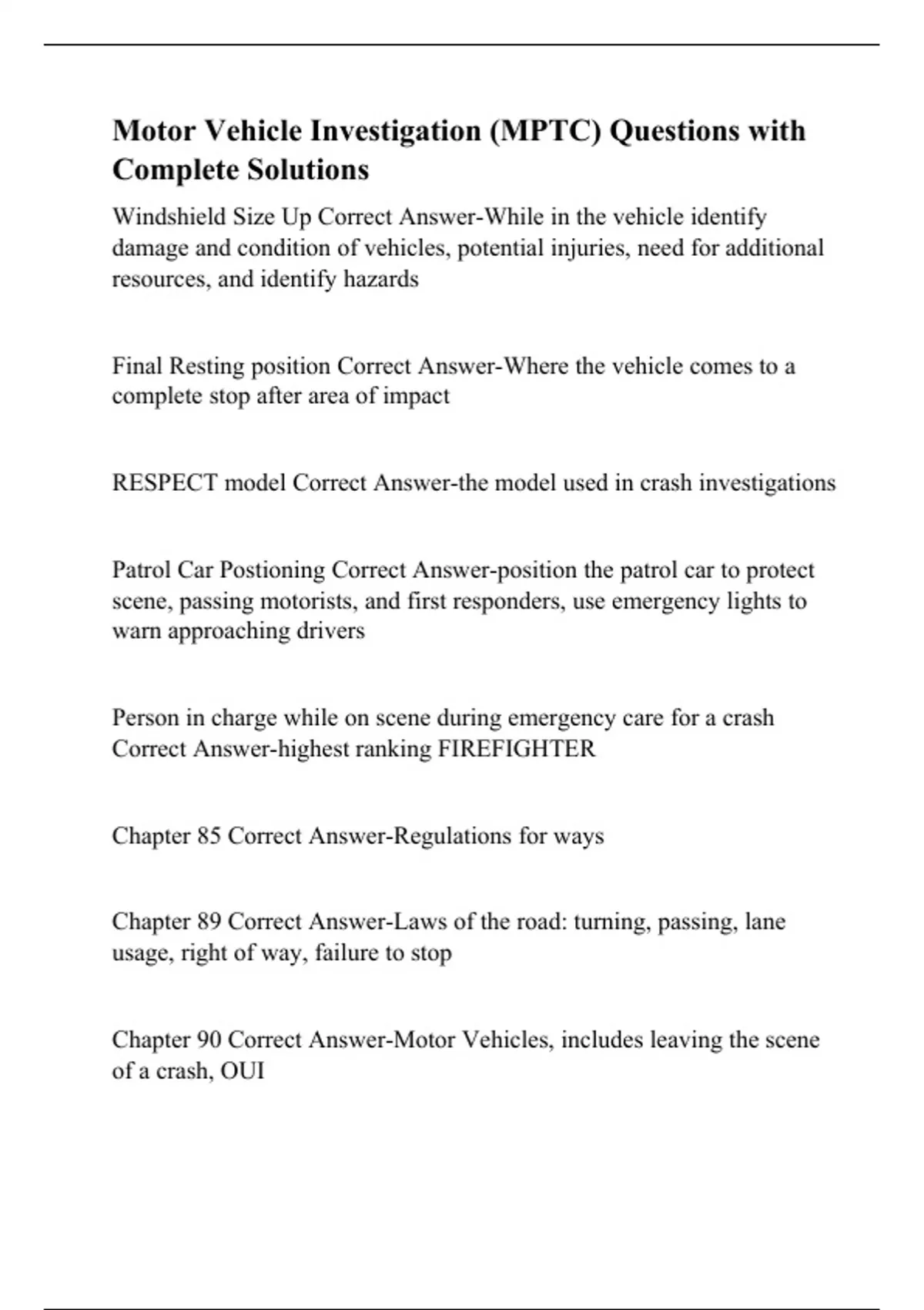 Motor Vehicle Investigation (MPTC) Questions with Complete Solutions ...