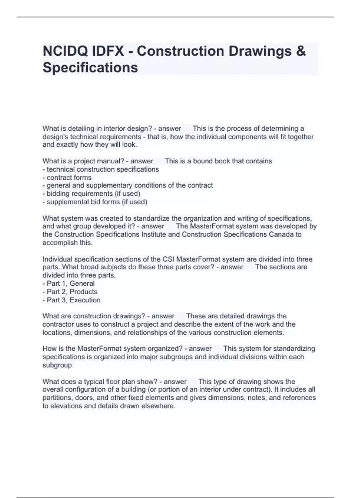 NCIDQ IDFX - Construction Drawings & Specifications Questions with ...