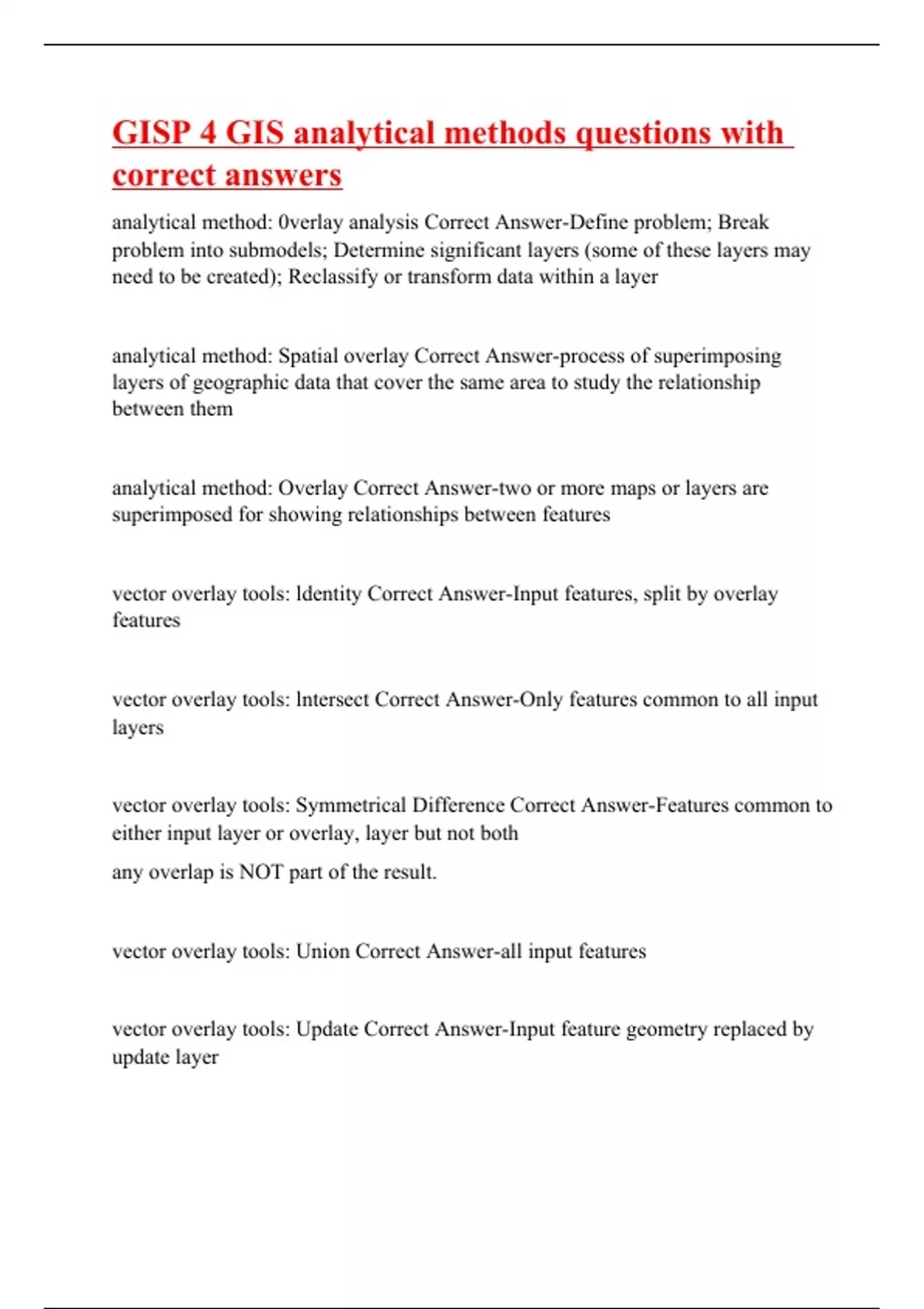 GISP 4 GIS analytical methods questions with correct answers|100% verified - GISP 4 - Stuvia US