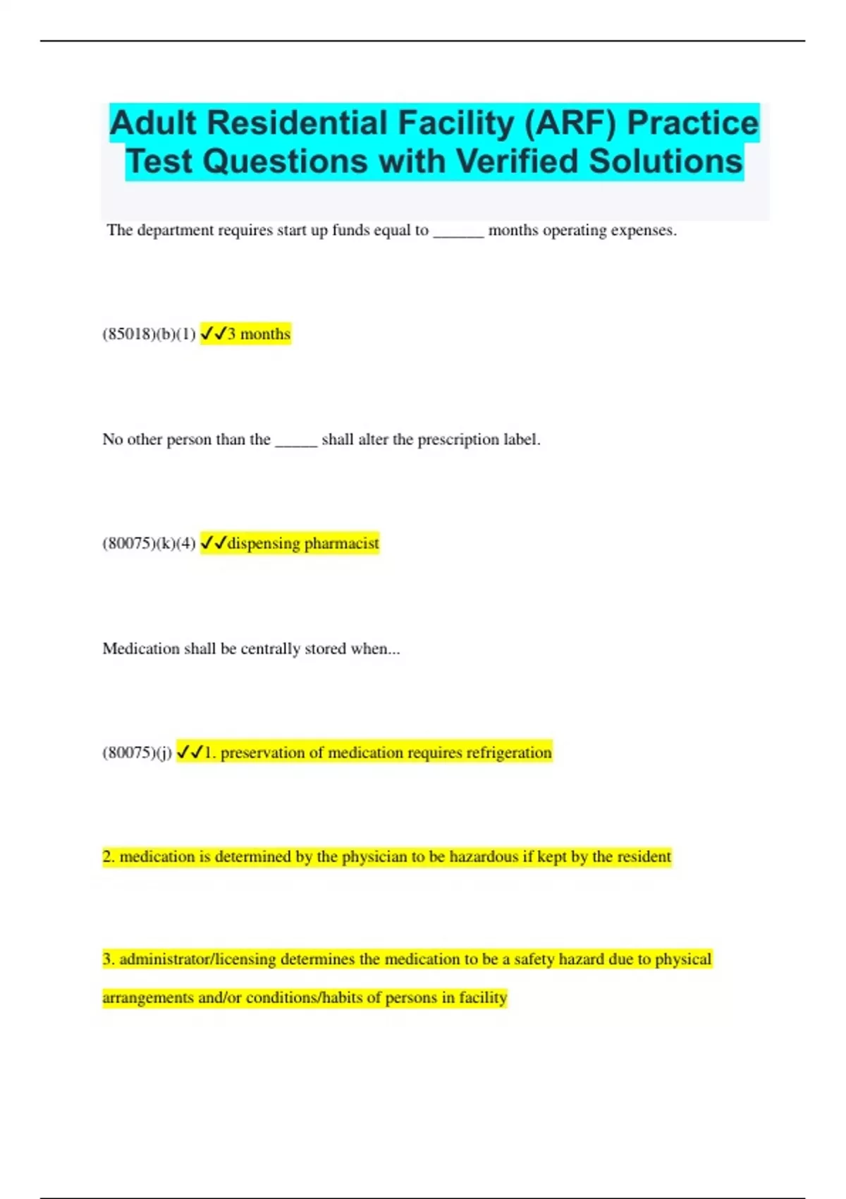 Adult Residential Facility (ARF) Practice Test Questions with Verified ...