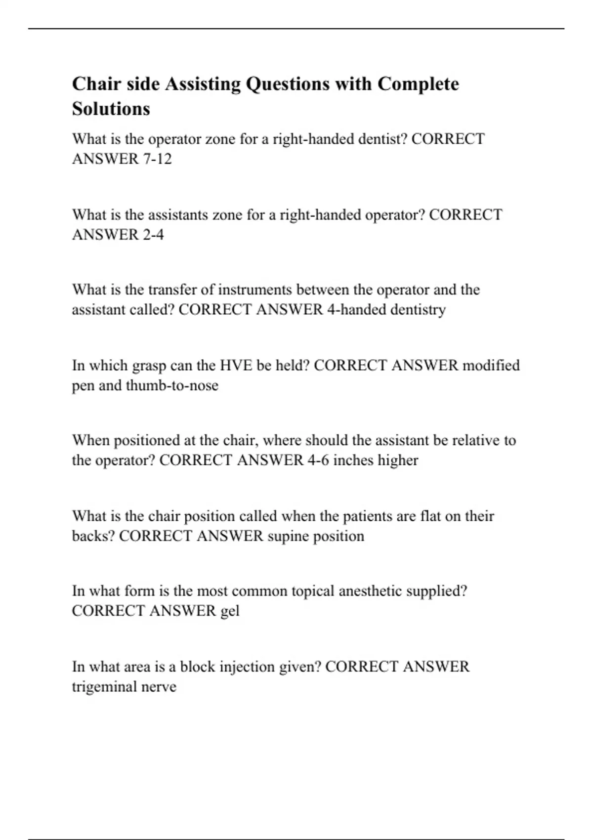 Chair side Assisting Questions with Complete Solutions. - Chairside ...