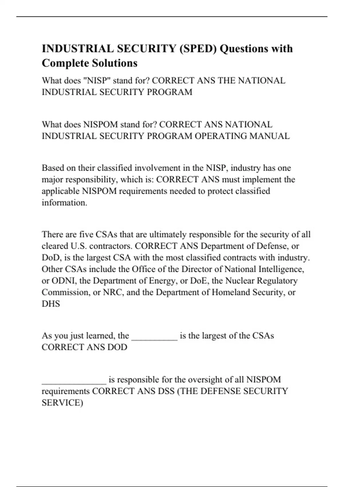 INDUSTRIAL SECURITY (SPED) Questions with Complete Solutions ...