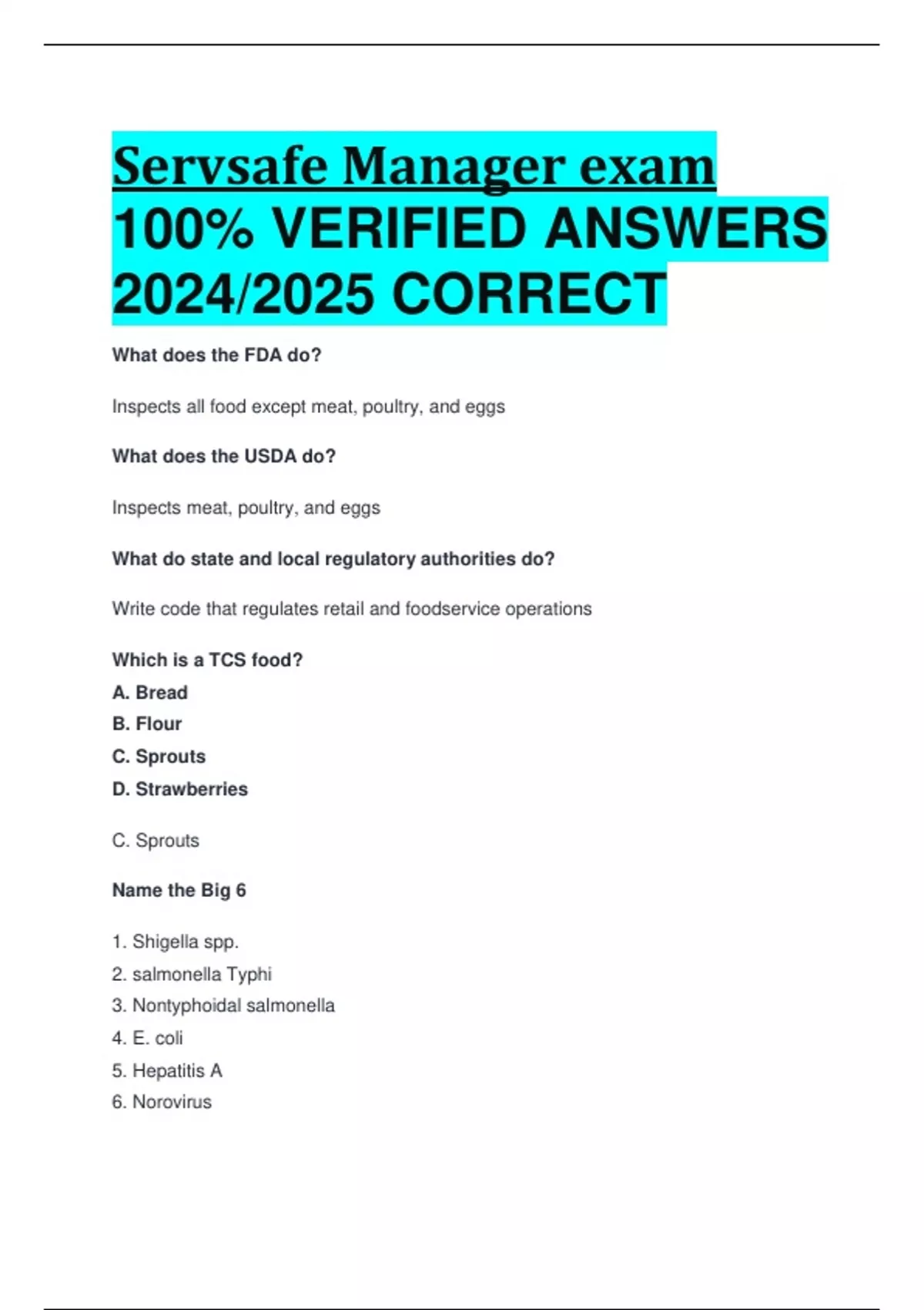 Servsafe Manager Exam 100 Verified Answers 2024 2025 Correct Already Passed Servsafe Manager