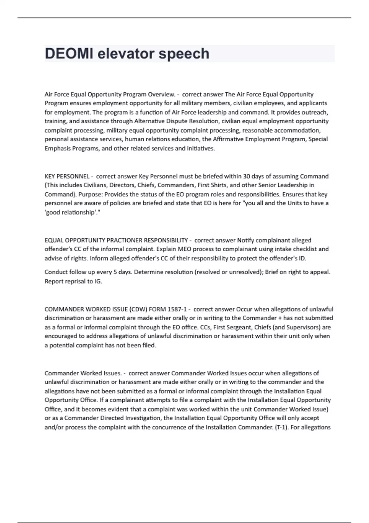 DEOMI elevator speech Questions with complete solution 2024 - DEOMI ...