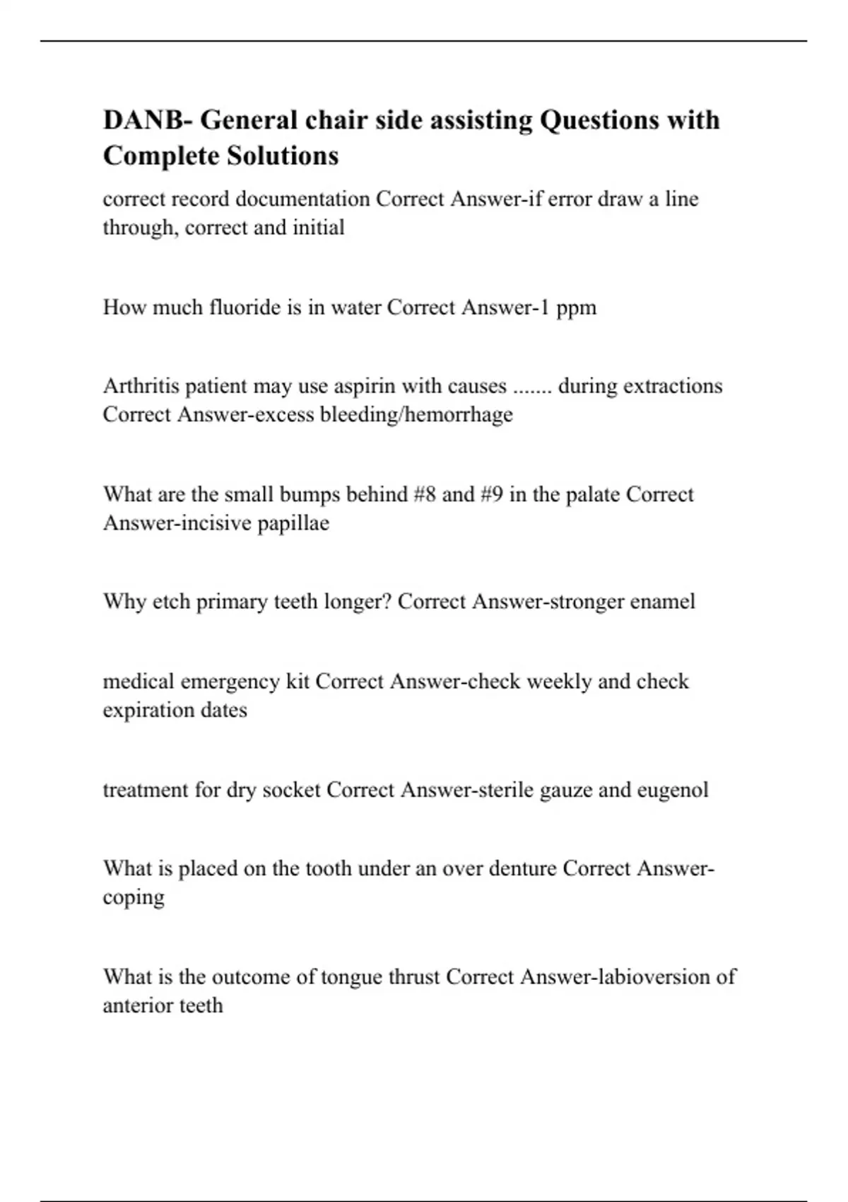 DANB- General chair side assisting Questions with Complete Solutions - General Chairside ...