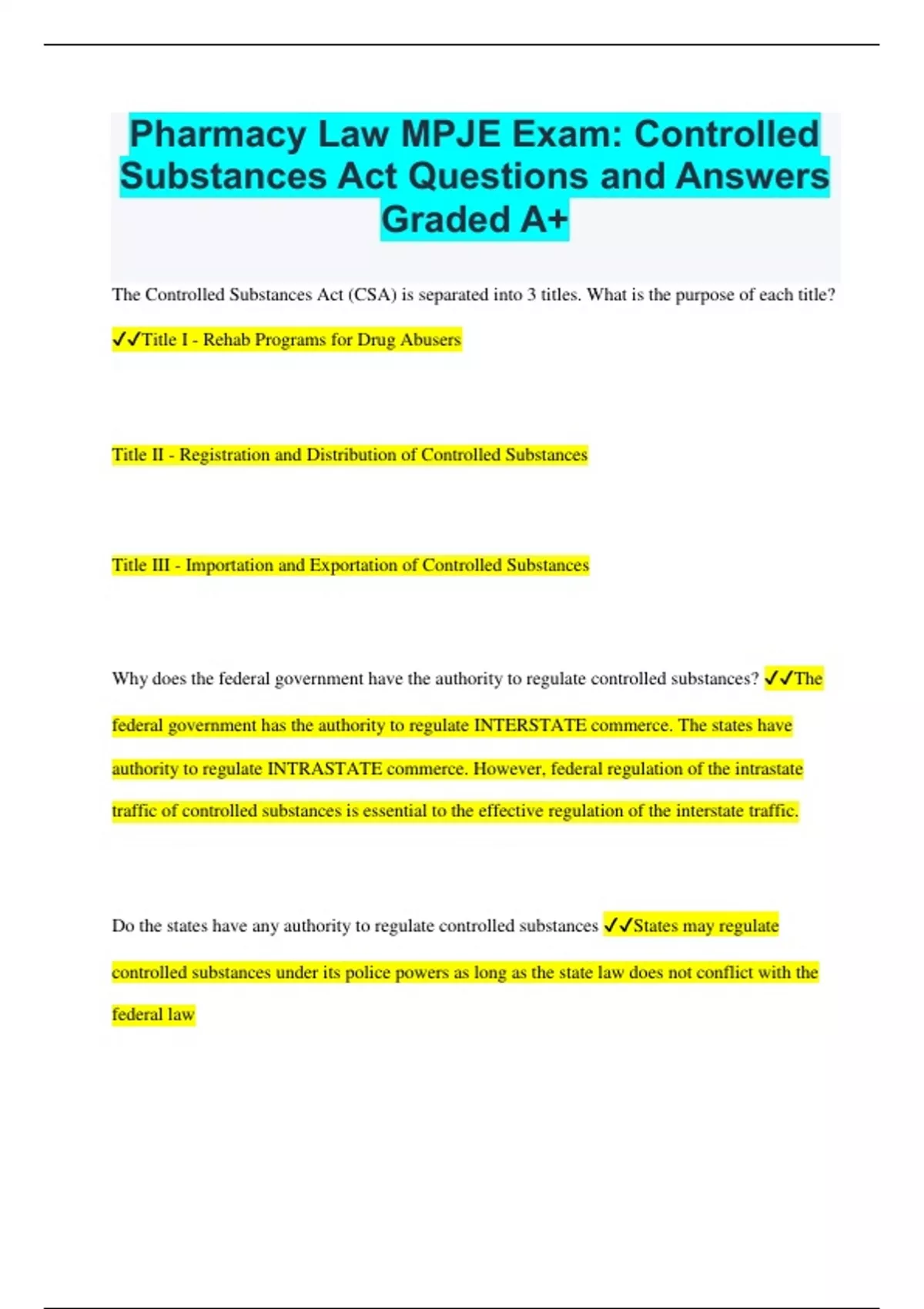 Pharmacy Law MPJE Exam: Controlled Substances Act Questions and Answers ...