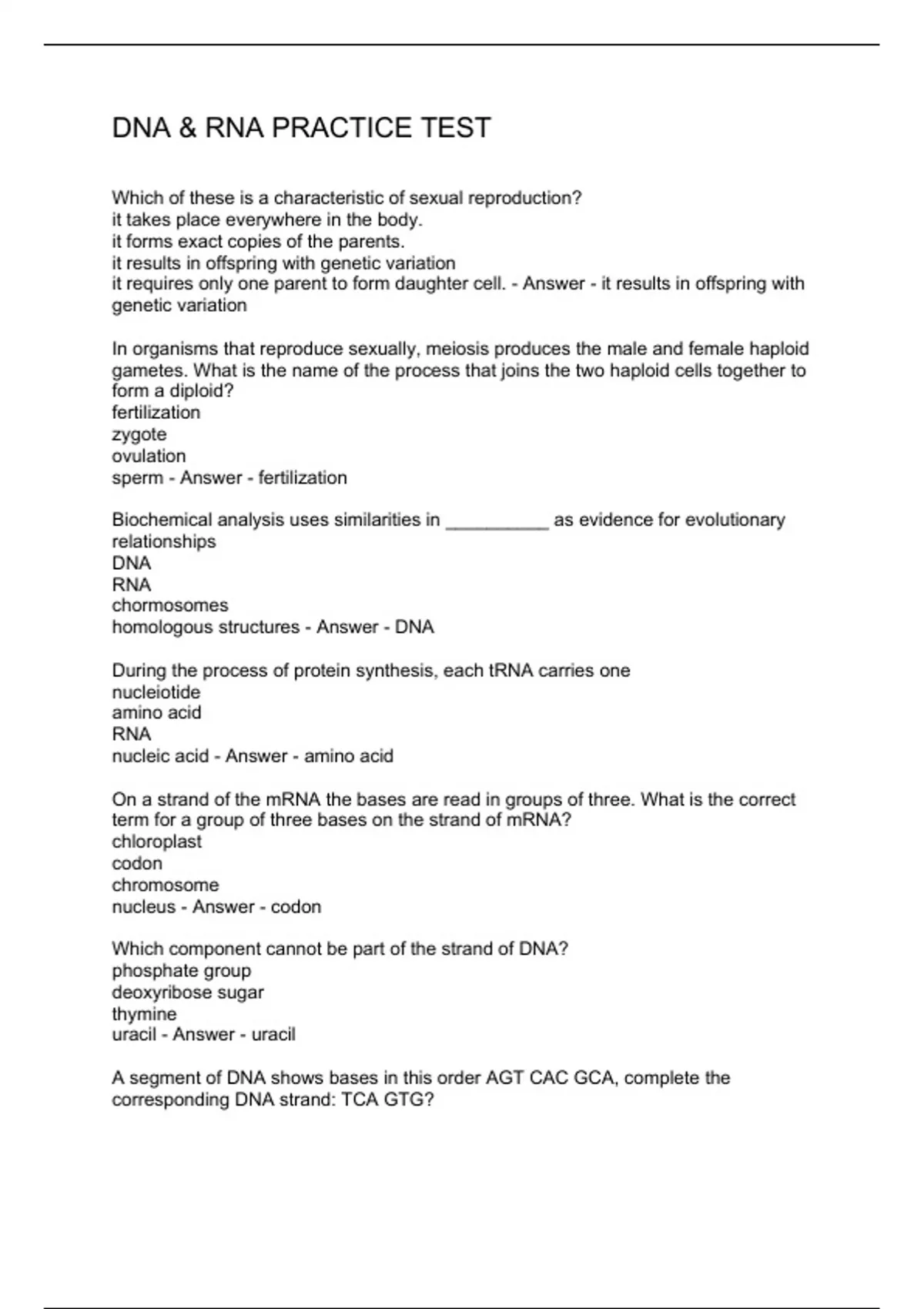 DNA & RNA PRACTICE TEST - DNA & RNA - Stuvia US